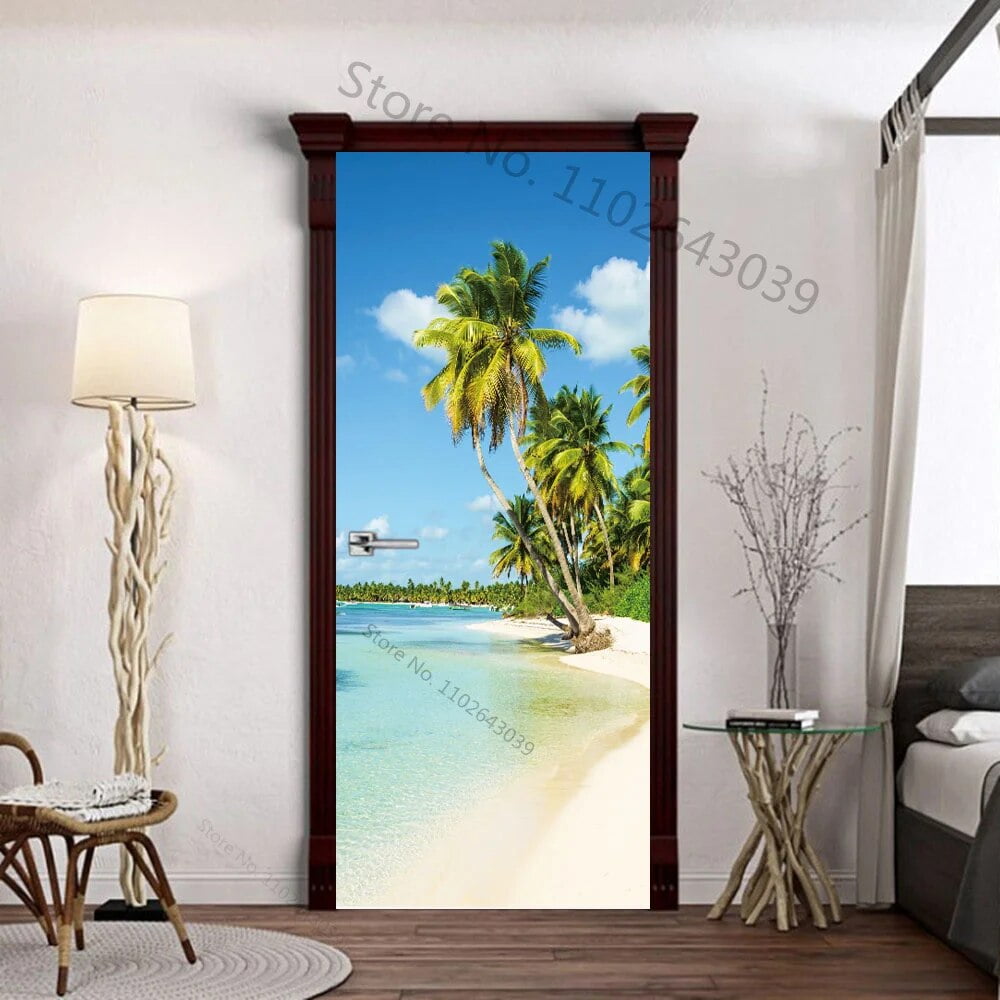 Sunset At Dusk Lake Door Stickers Beach Adhesive Mural Decoration 3D ...