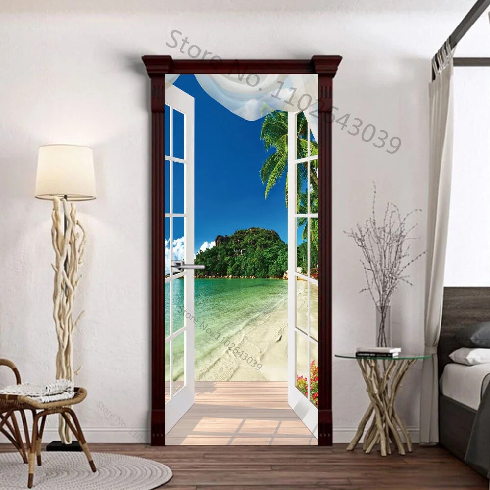 Sunset At Dusk Lake Door Stickers Beach Adhesive Mural Decoration 3D ...