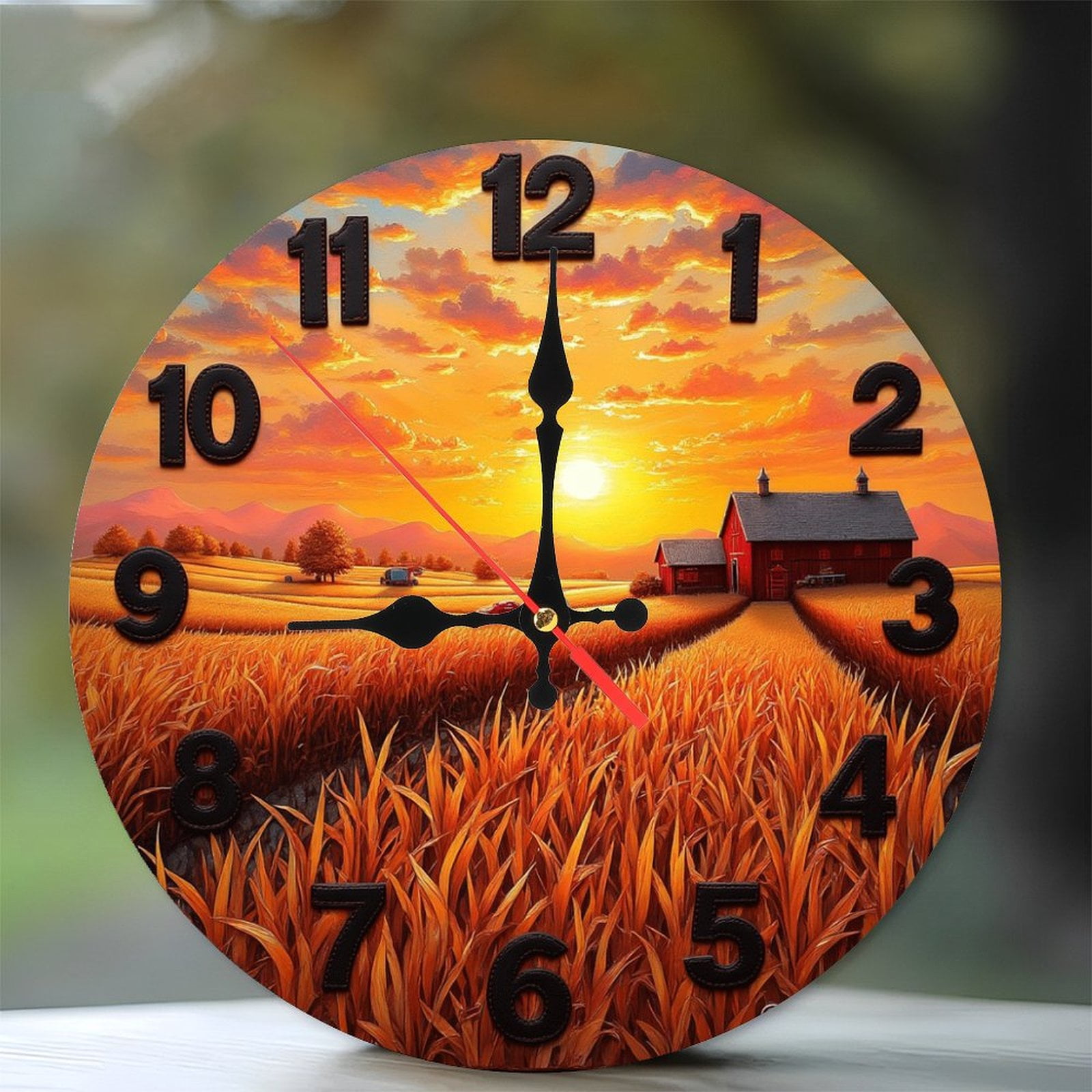Sunset Barn Farm Landscape Wall Clock 10-Inch Silent Wooden Wall Clock ...
