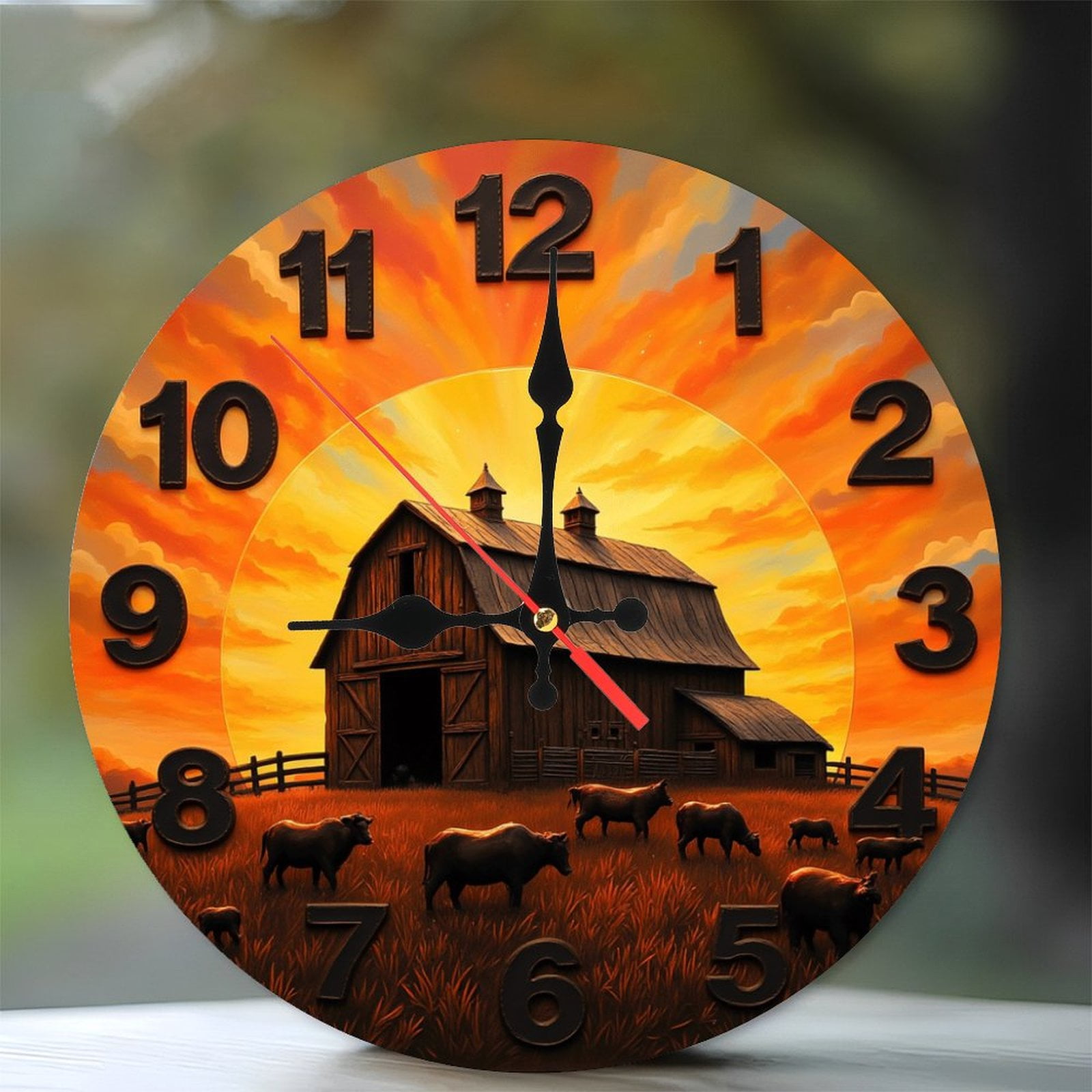 Sunset Barn Farm Wall Clock Rustic Cattle 10-Inch Silent Wooden Wall ...