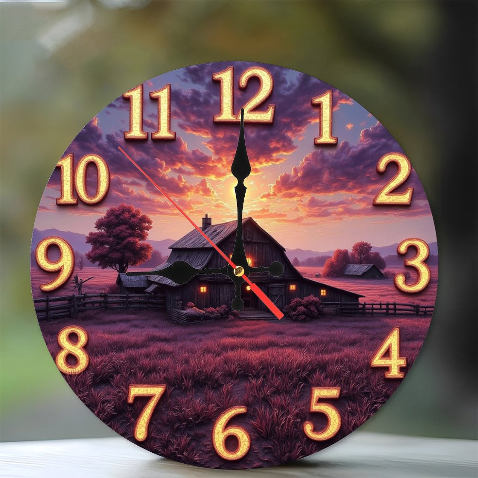 Sunset Barn Farmhouse Wall Clock Home Decor 10-Inch Silent Wooden Wall ...