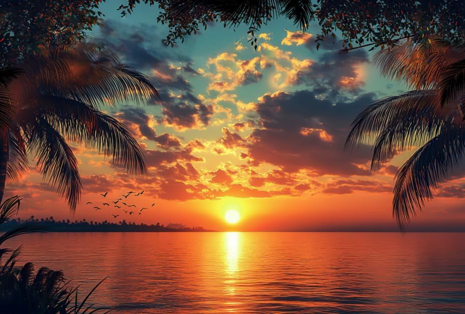 Sunset Beach Backdrop Summer Sunset Tropical Luau Palm Leaves Ocean ...