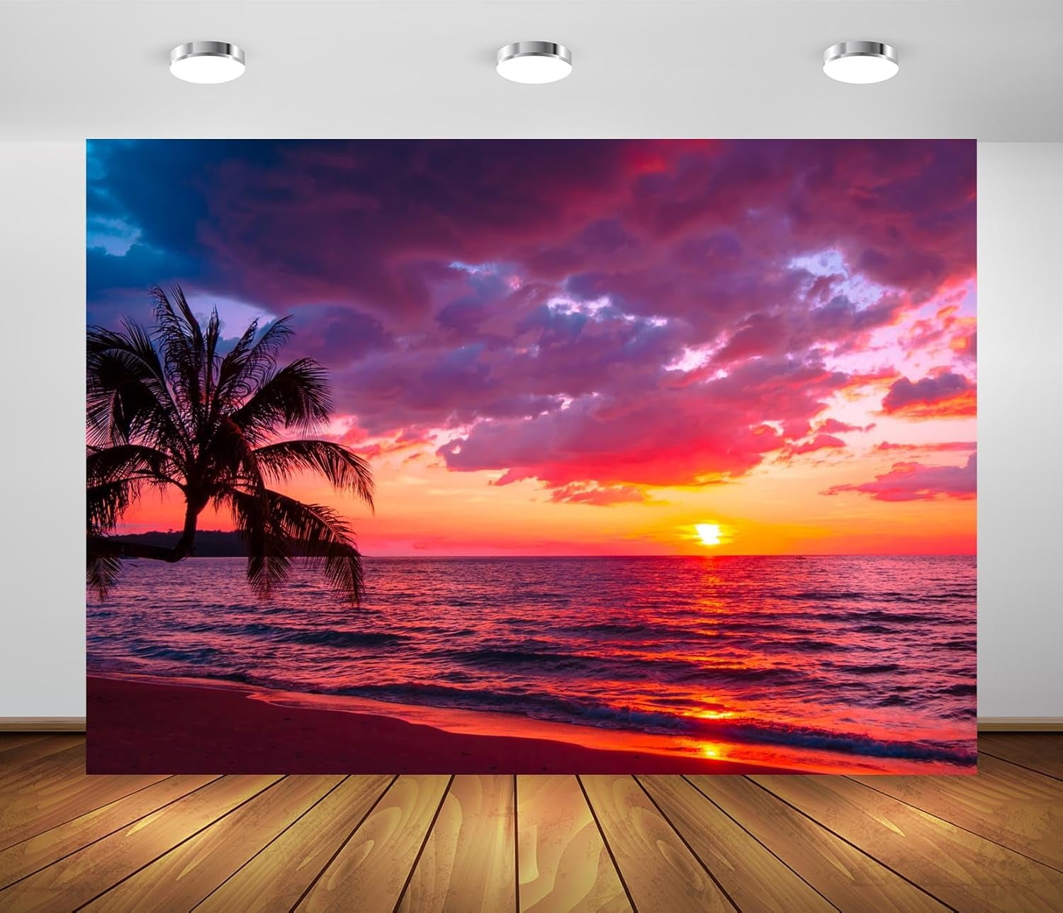 Sunset Beach Backdrop Tropical Seaside Coconut Palm Trees Background ...