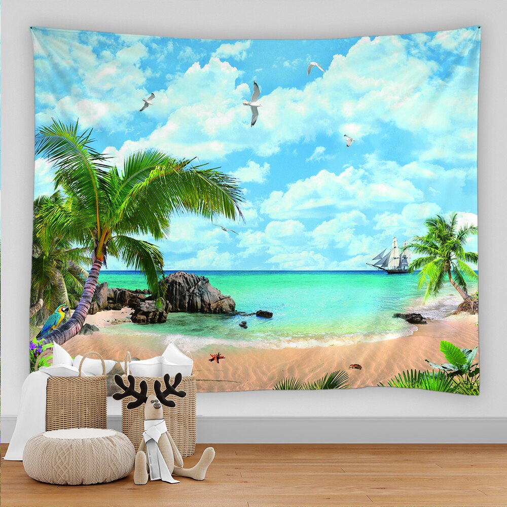 Sunset Beach Coconut Tree Seaside Landscape Tapestry Hanging Cloth ...