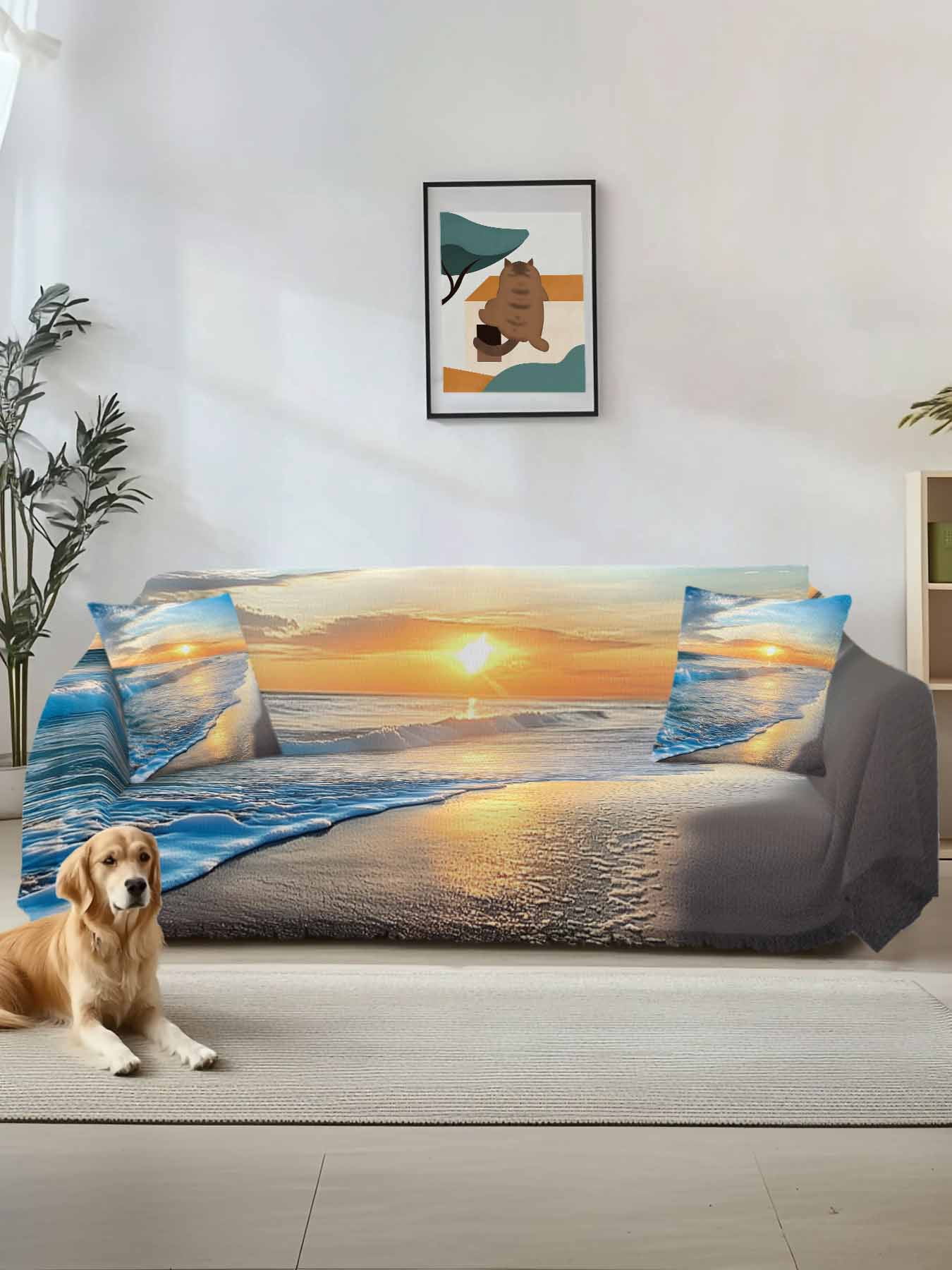 Sunset Beach Couch Cover, Spray Ocean Waves Sky Nature Scenery Sofa ...