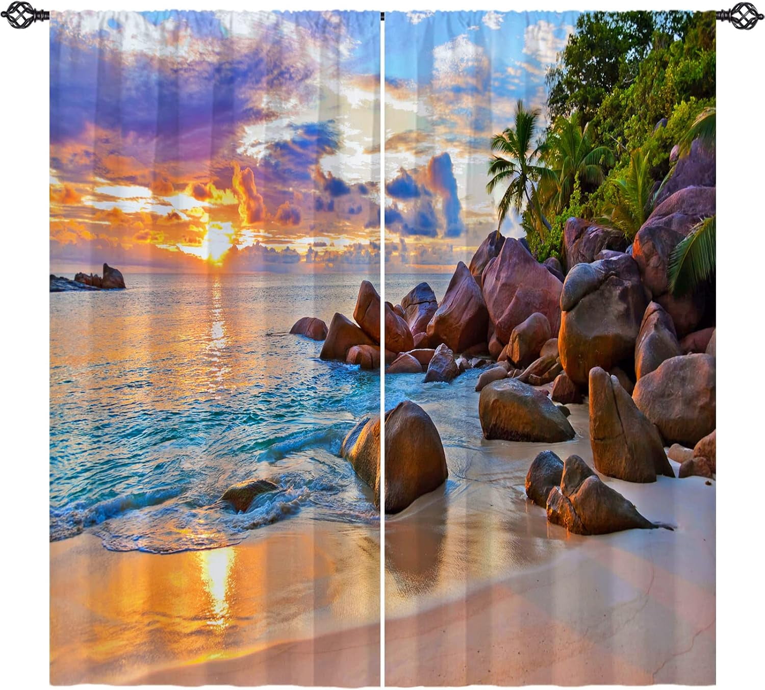 Sunset Beach Curtains Nature Landscape Theme Window Drapes with ...