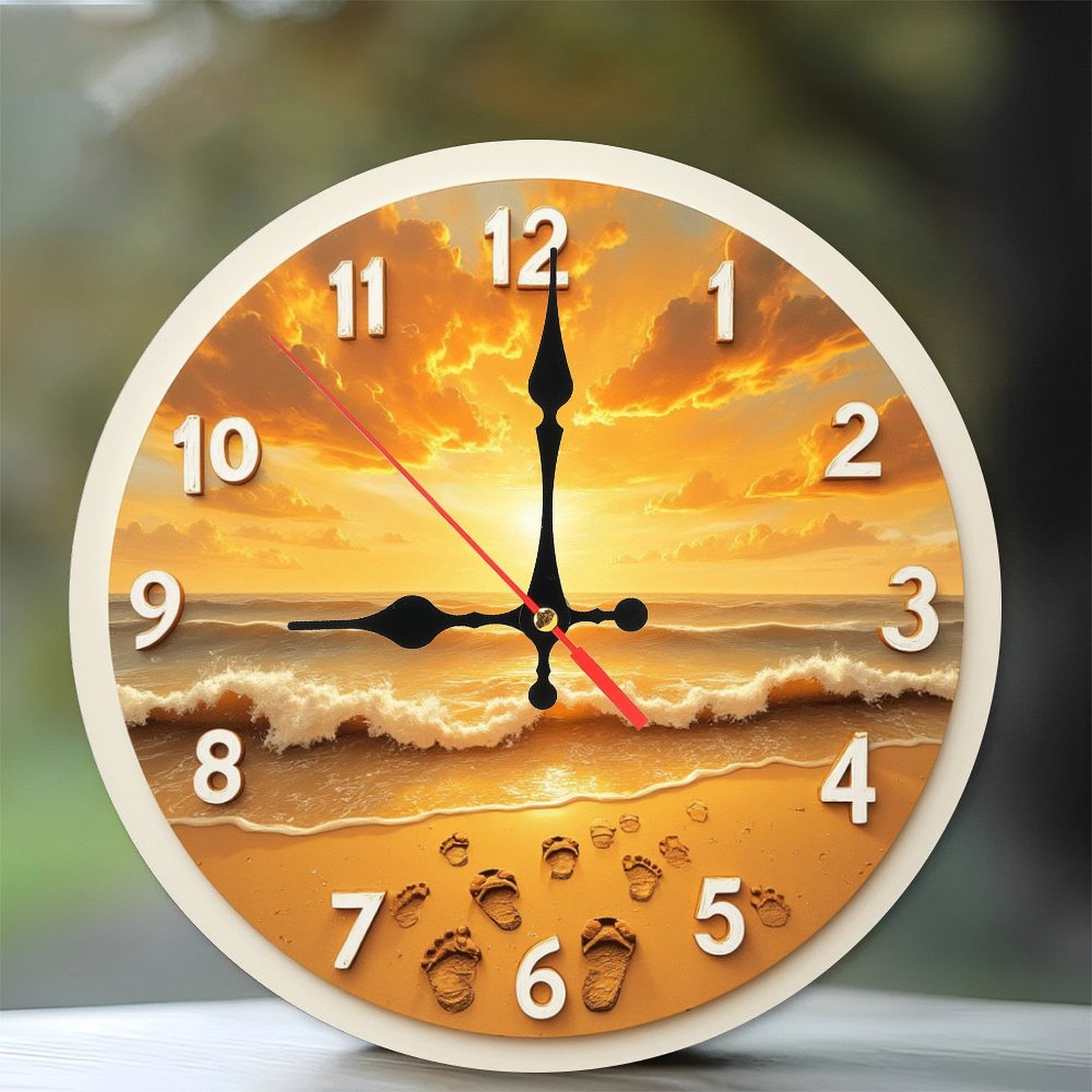 Sunset Beach Ocean Wall Clock Footprints Decor 10-Inch Silent Wooden ...