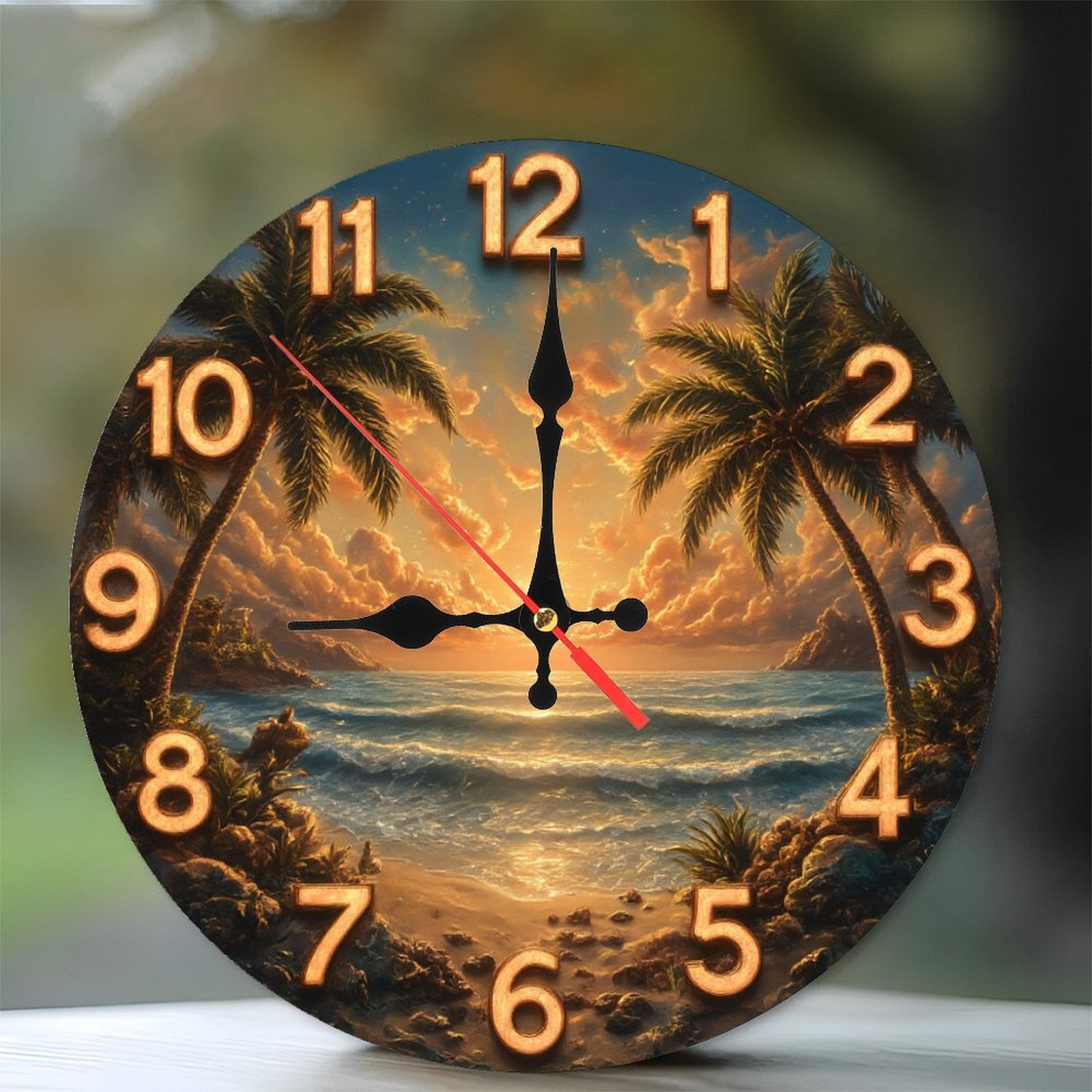 Sunset Beach Ocean Wall Clock Tropical Palm Trees 10-Inch Silent Wooden ...