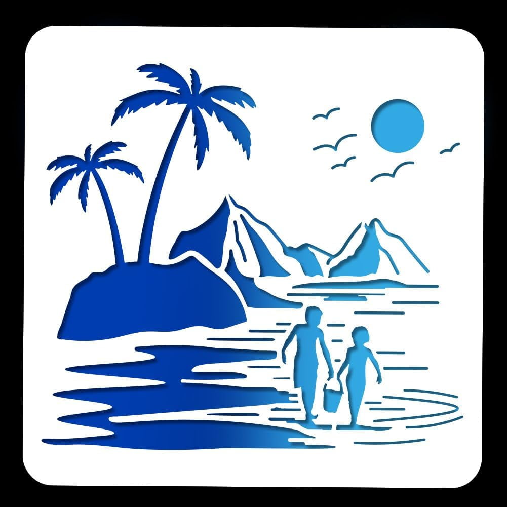Sunset Beach Painting Stencils People Coconut Palm Seaside Pattern Wall ...