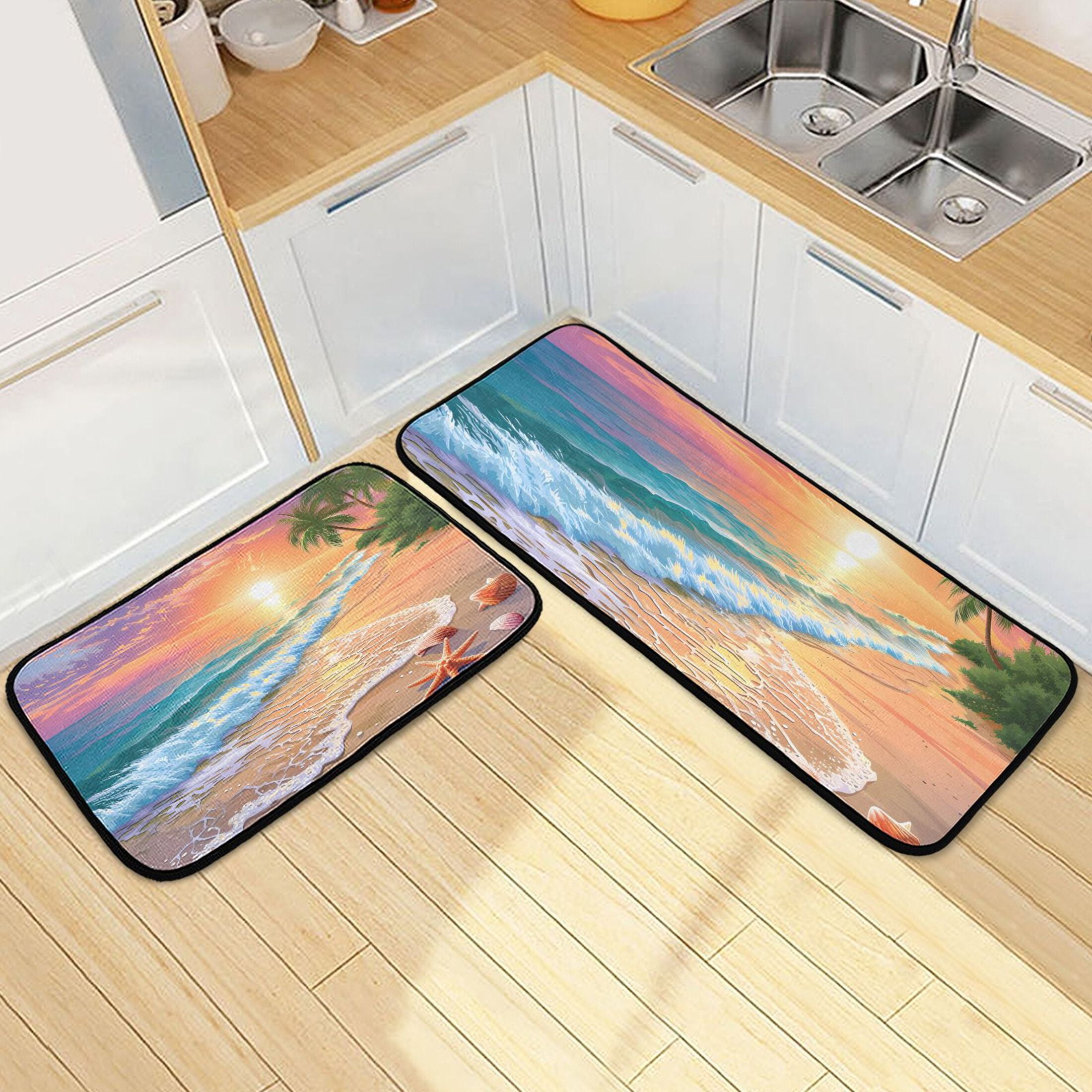 Sunset Beach Seastar Palm Tree Kitchen Rugs Set of 2 Non Slip Floor ...