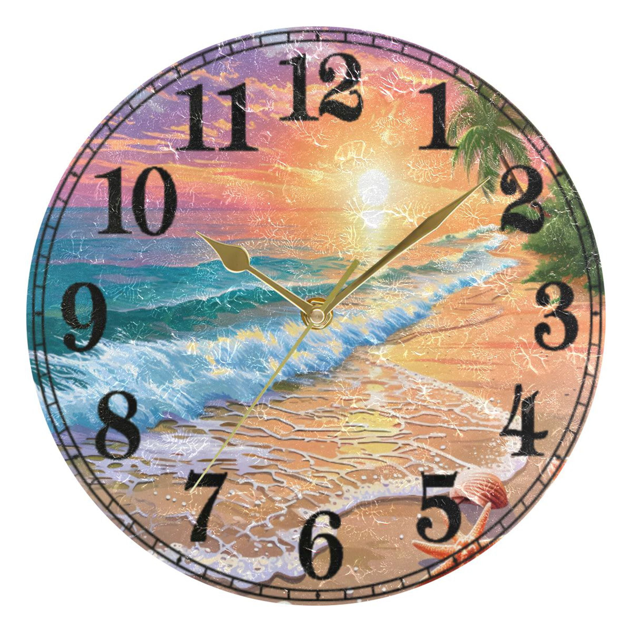Sunset Beach Seastar Palm Tree Silent Wall Clock 10" Non-Ticking ...