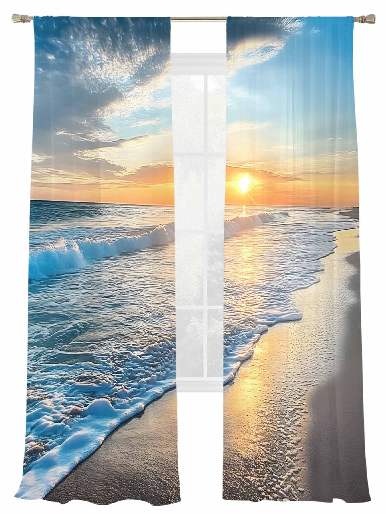 Sunset Beach Sheer Curtains 84 Inch Length 2 Panels Set, Semi ...