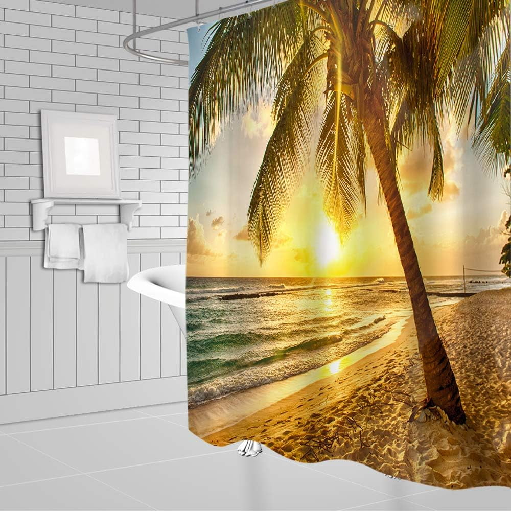 Sunset Beach Shower Curtain Palm Tree Tropical Hawaii Ocean Wave Sea ...