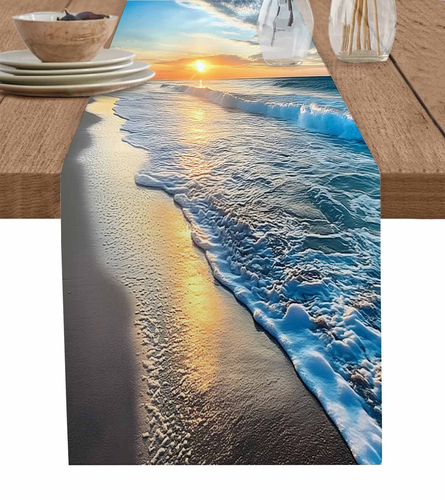 Sunset Beach Table Runner 72 Inches, Spray Ocean Waves Sky Nature ...