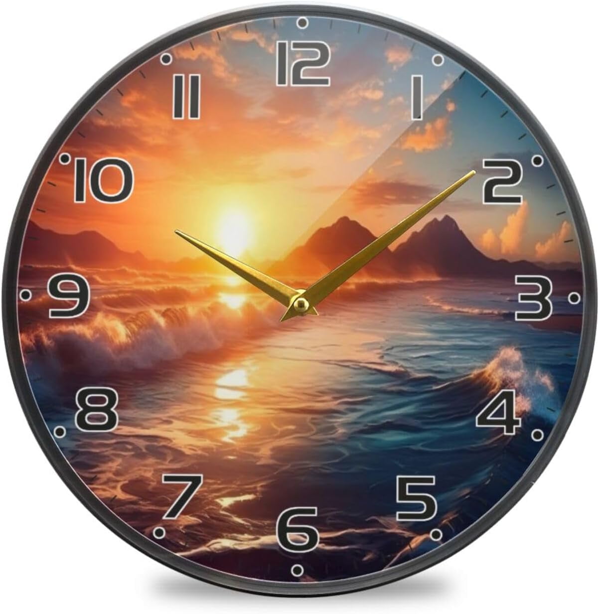 Sunset Beach Wall Clock Round Silent Non Ticking Battery Operated Accurate Arabic Numerals ...
