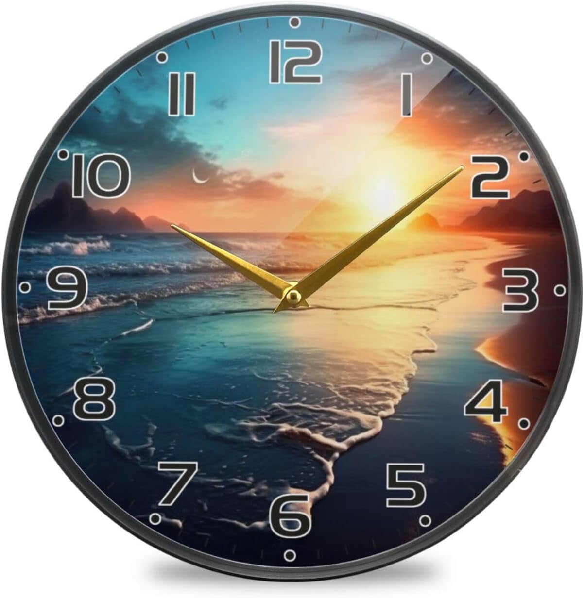 Sunset Beach Wall Clock Round Silent Non Ticking Battery Operated ...