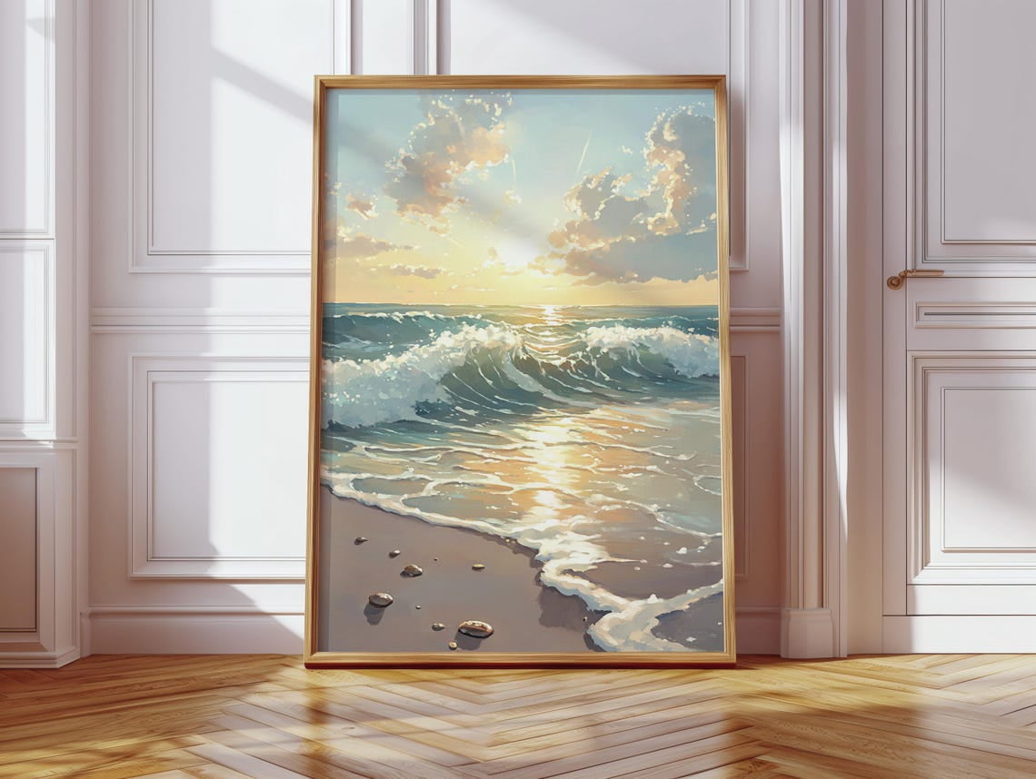 Sunset Beach Wave Painting – Serene Coastal Wall Art Print With Ocean Surf, Sandy Shoreline, And ...