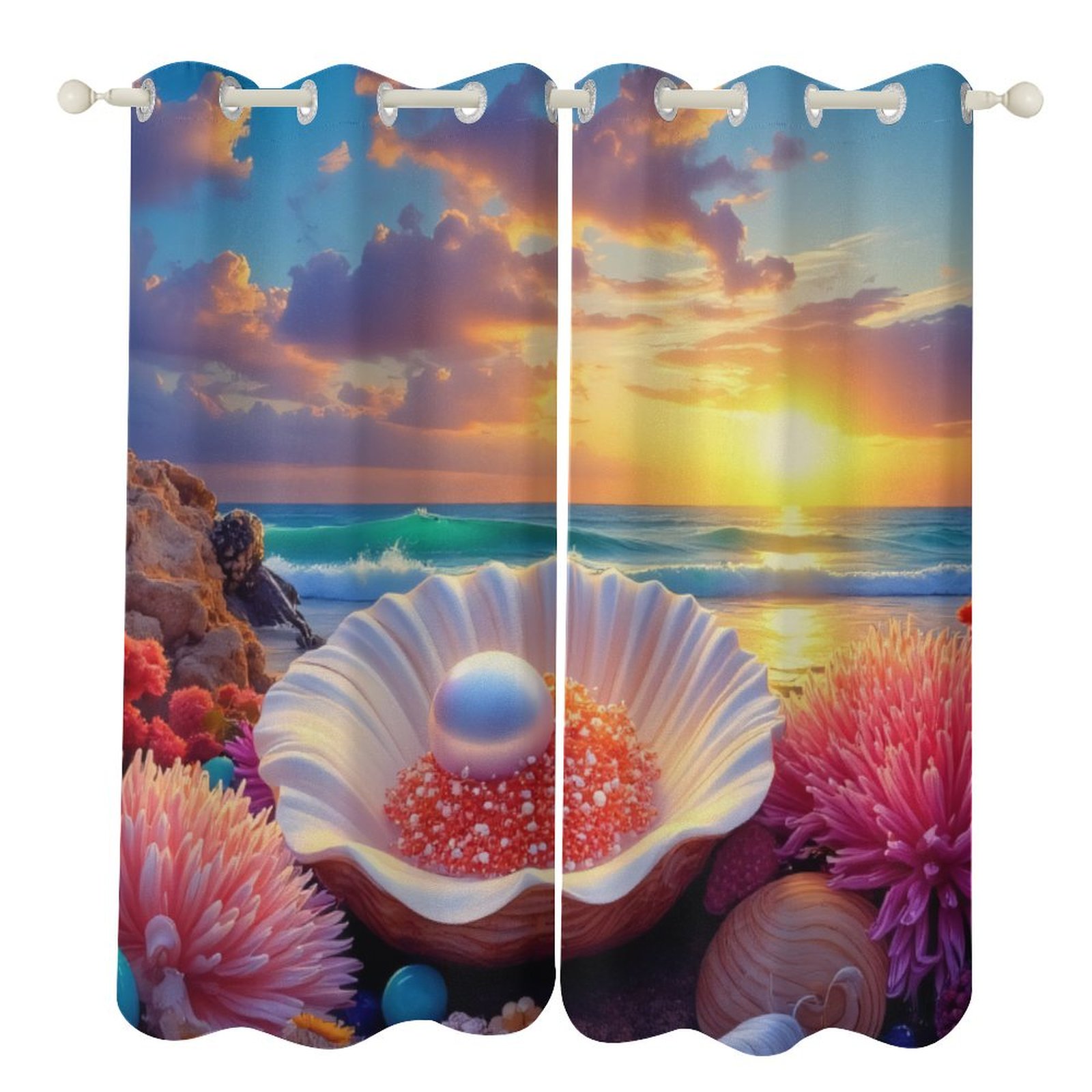 Sunset Beach with Pearl Shell 2 Panels Curtains for Bedroom Living Room ...