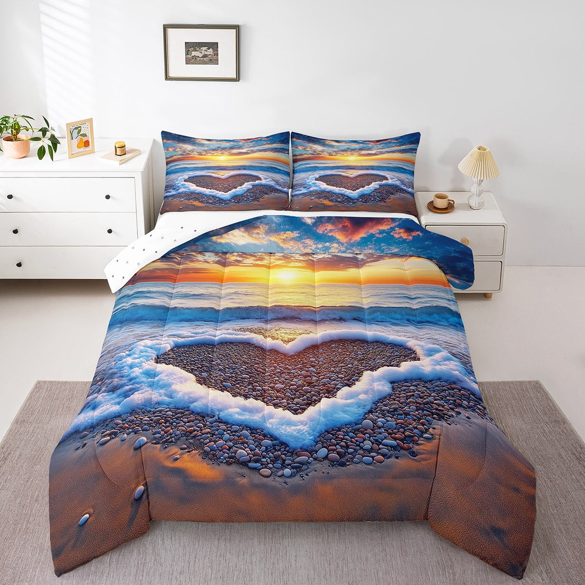 Sunset Bedding Set Love Heart Ocean Wave Down Comforter Adults,Hawaii ...