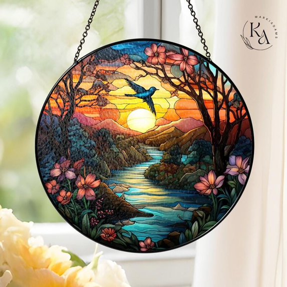 Sunset Bird Suncatcher, Glass-Effect Landscape River Scene Window ...