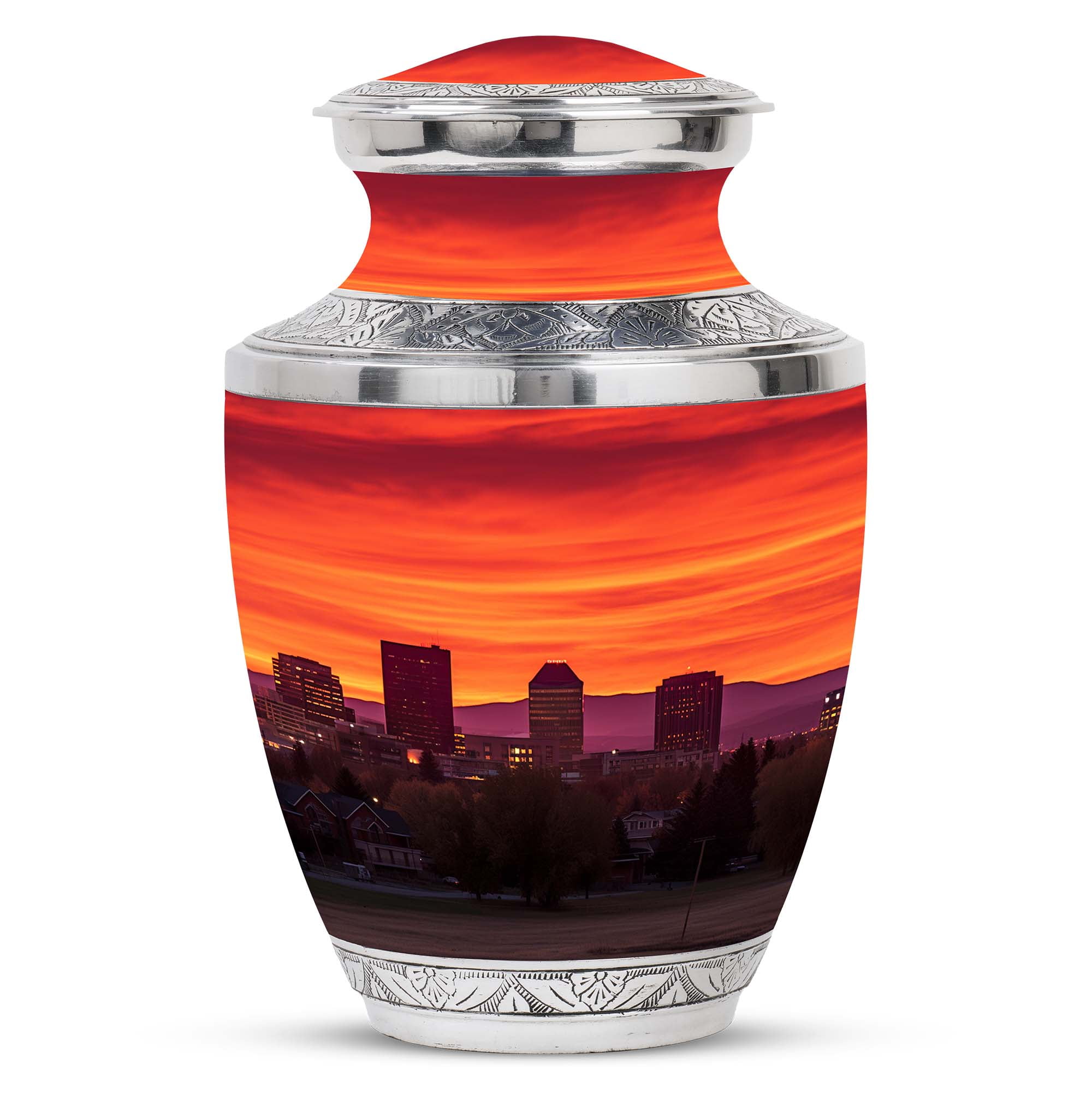 Sunset Blaze over the City - Regal Large Urn for Adult Female Ashes - Decorative Cremation ...