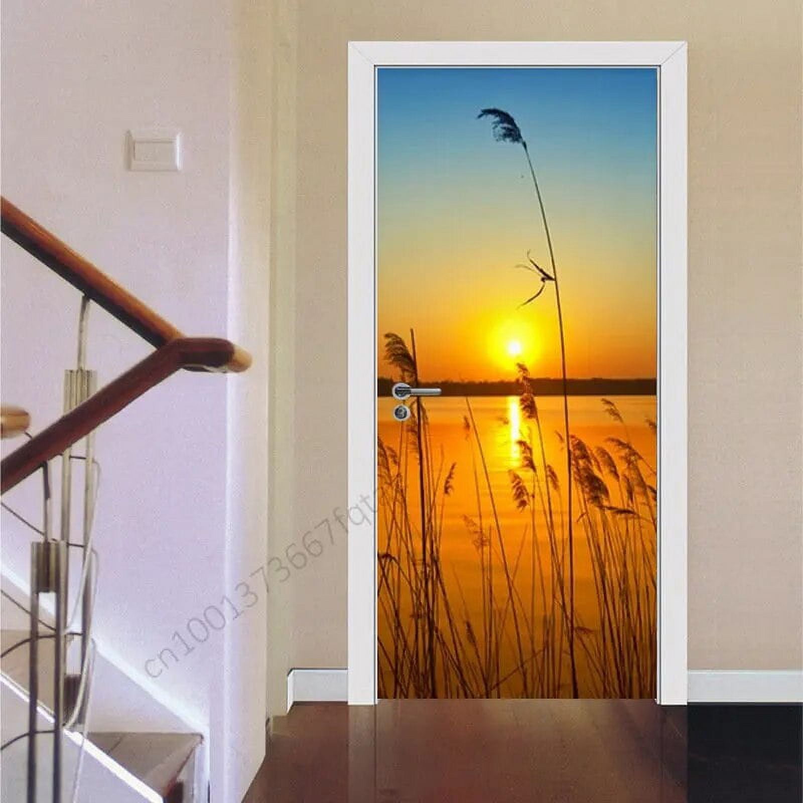 Sunset Blue Sky Door Stickers Self-Adhesive Beach Scenery Sea Mural for ...