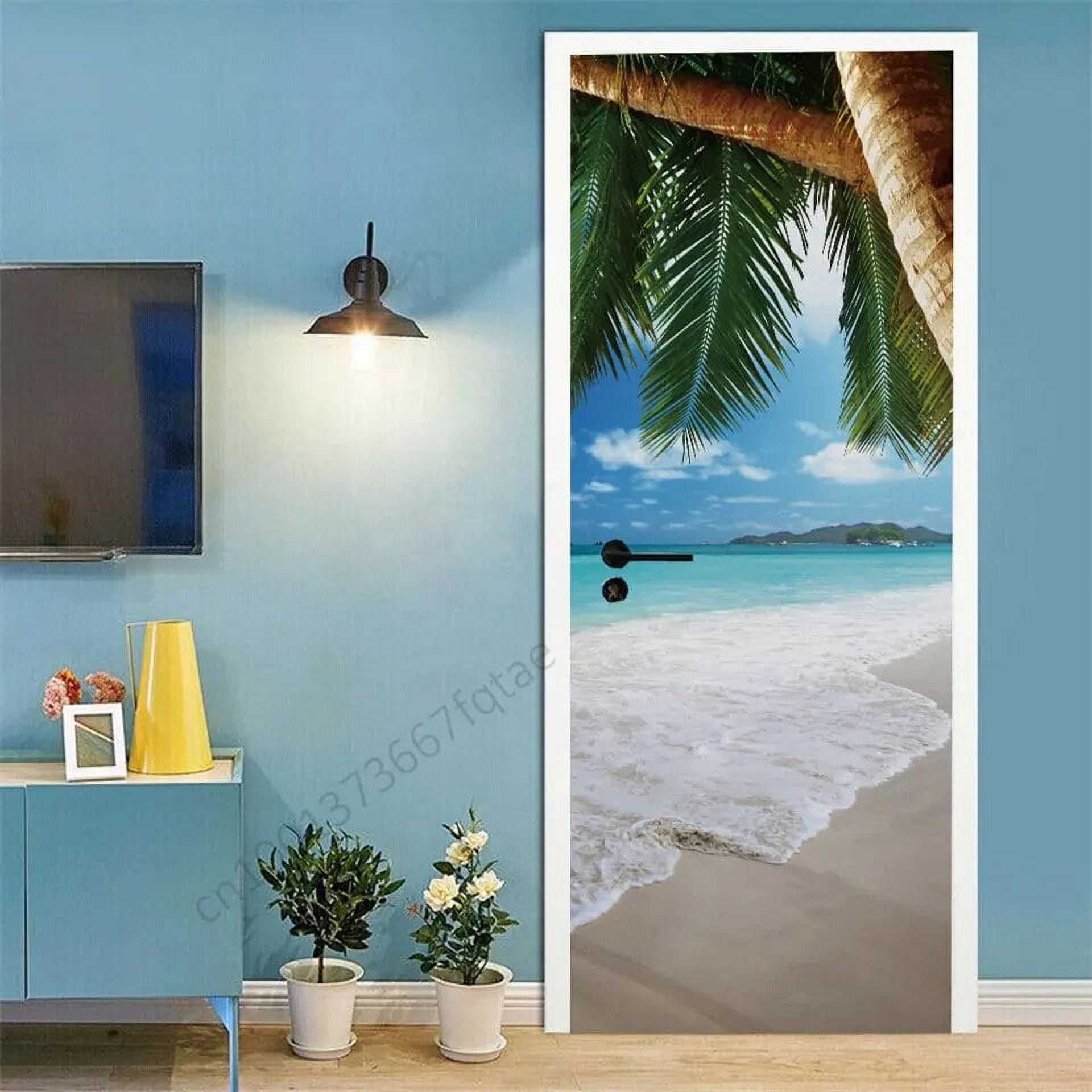 Sunset Blue Sky Door Stickers Self-Adhesive Beach Scenery Sea Mural for ...