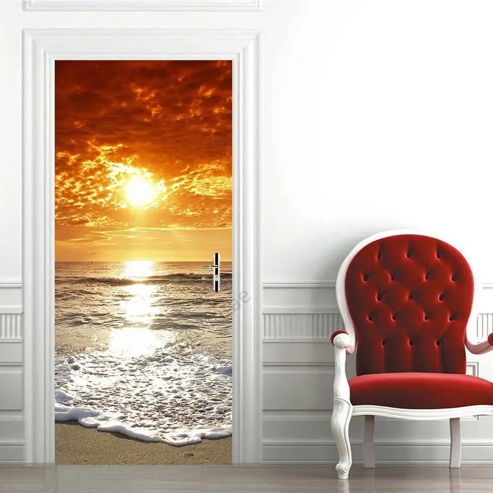 Sunset Blue Sky Door Stickers Self-Adhesive Beach Scenery Sea Mural for ...