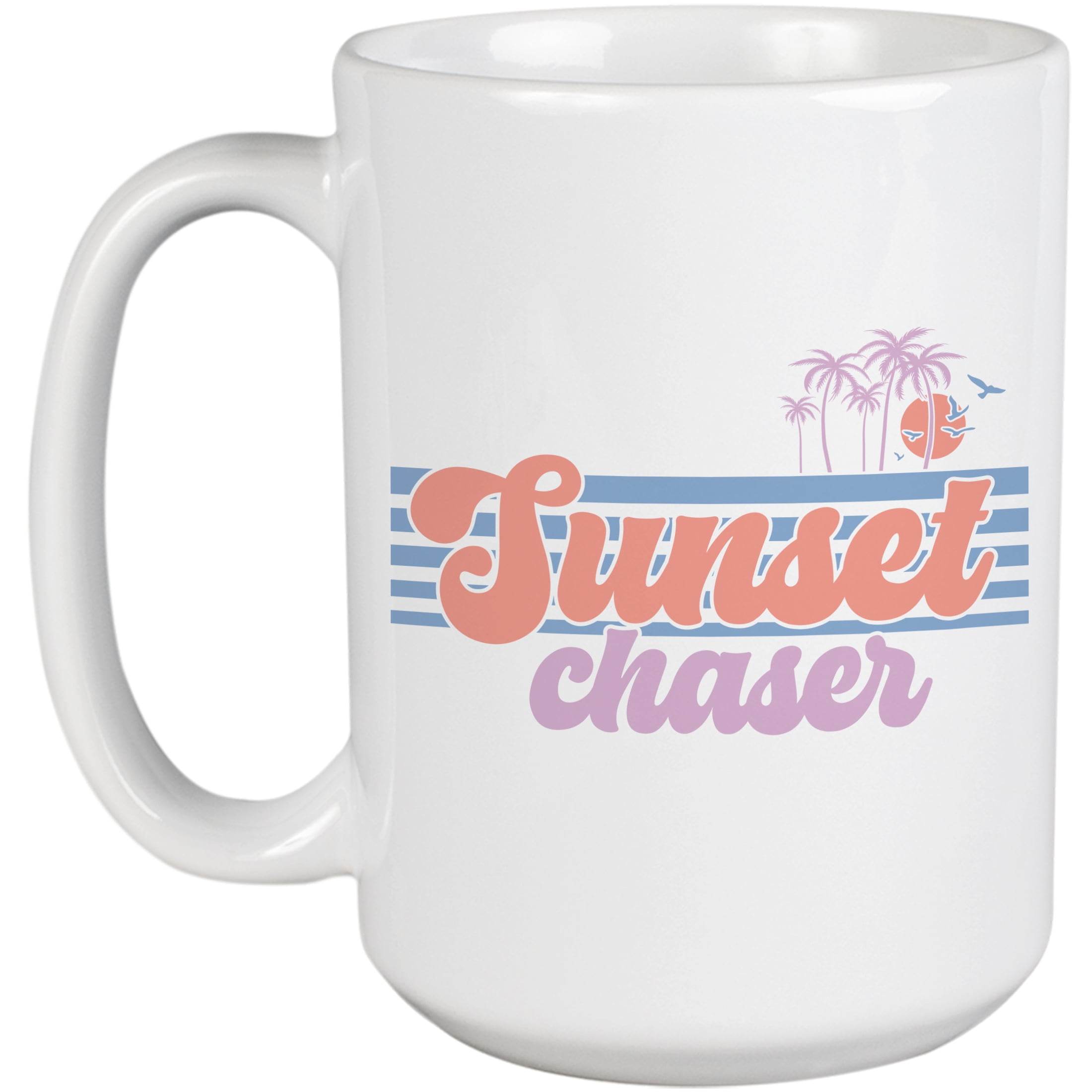 Sunset Chaser with Beach Palm Trees Art Merch Gift, White 15oz Ceramic ...