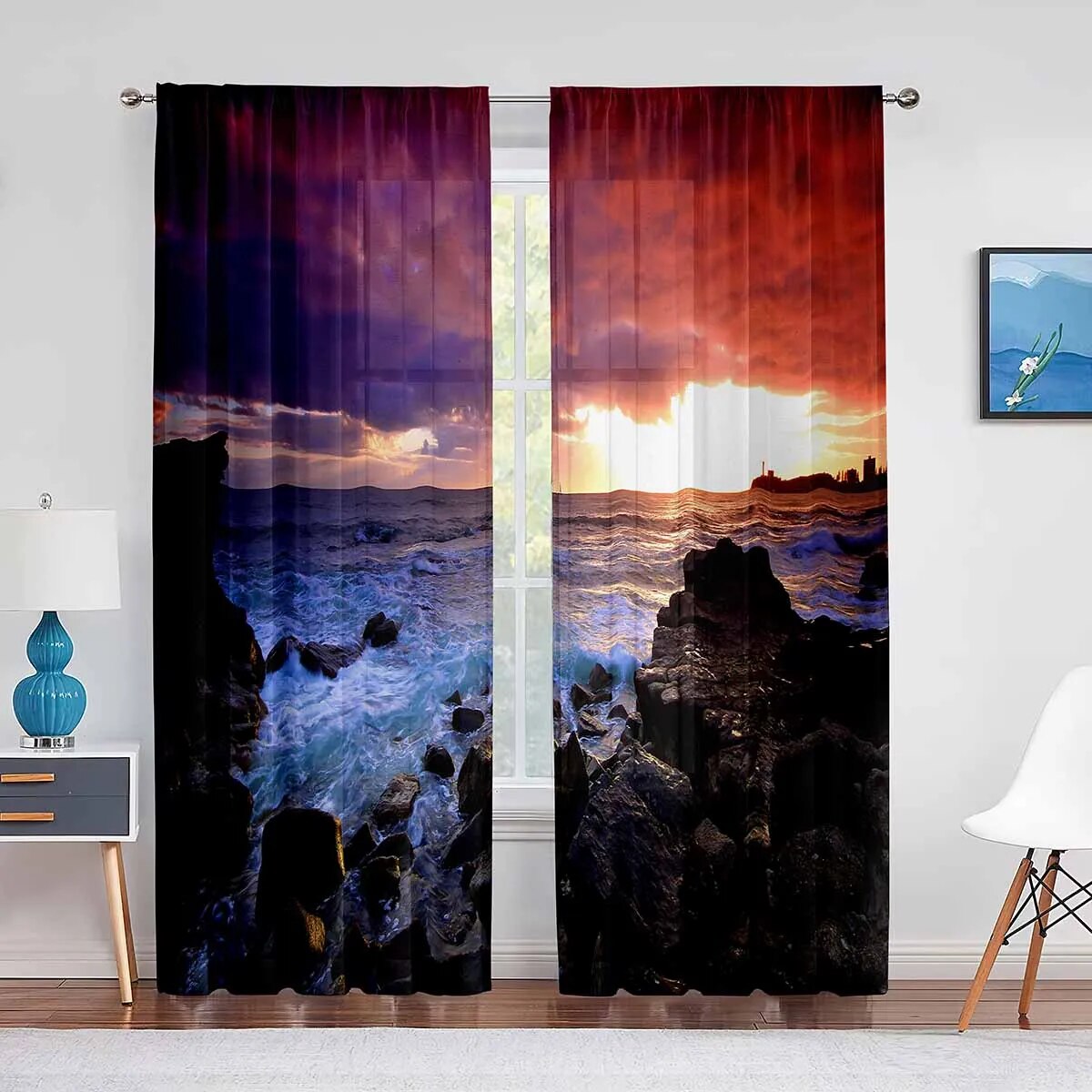Sunset Clouds Sheer Voile Curtain Sun Rays Landscape View Art Window ...