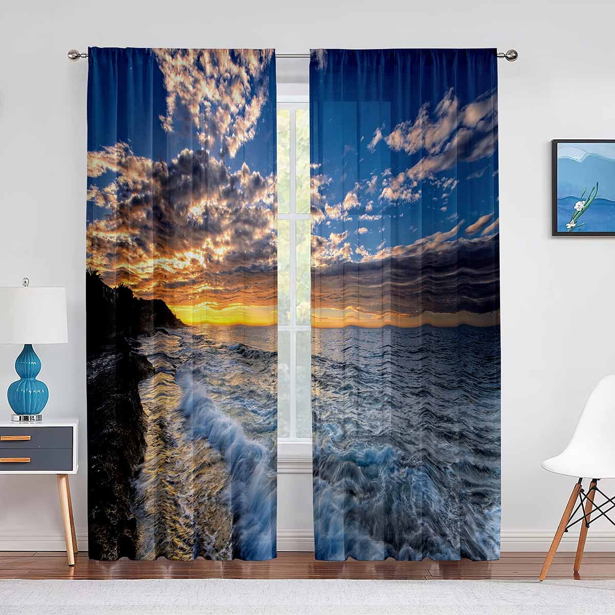 Sunset Clouds Sheer Voile Curtain Sun Rays Landscape View Art Window ...