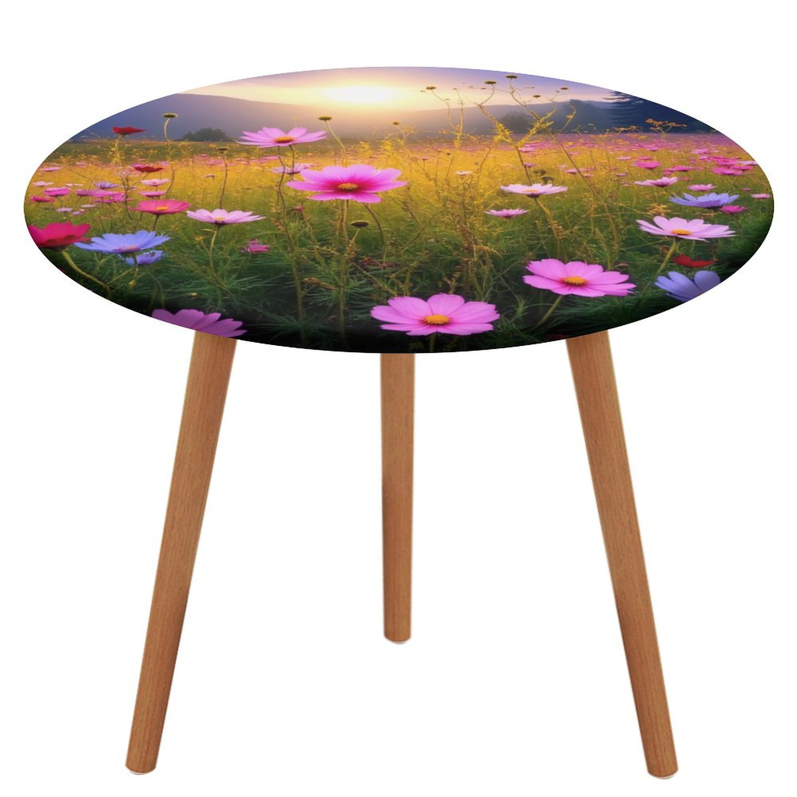 Sunset Cosmos Flower Field Pattern Round Tablecloth Waterproof Elastic ...