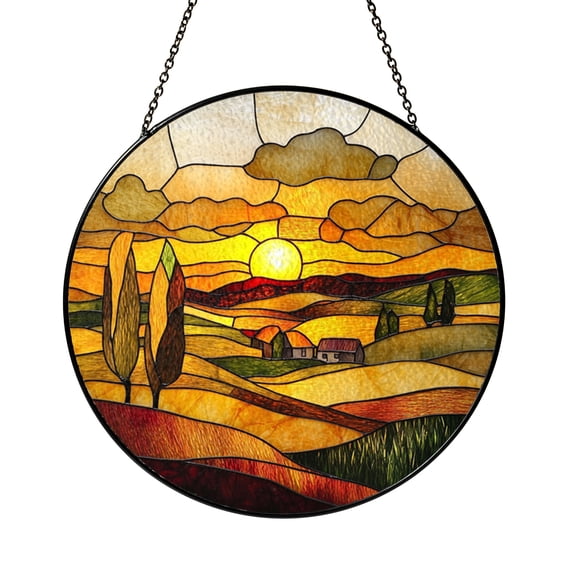 Sunset Countryside Landscape Stained Glass Suncatcher, Golden Field ...