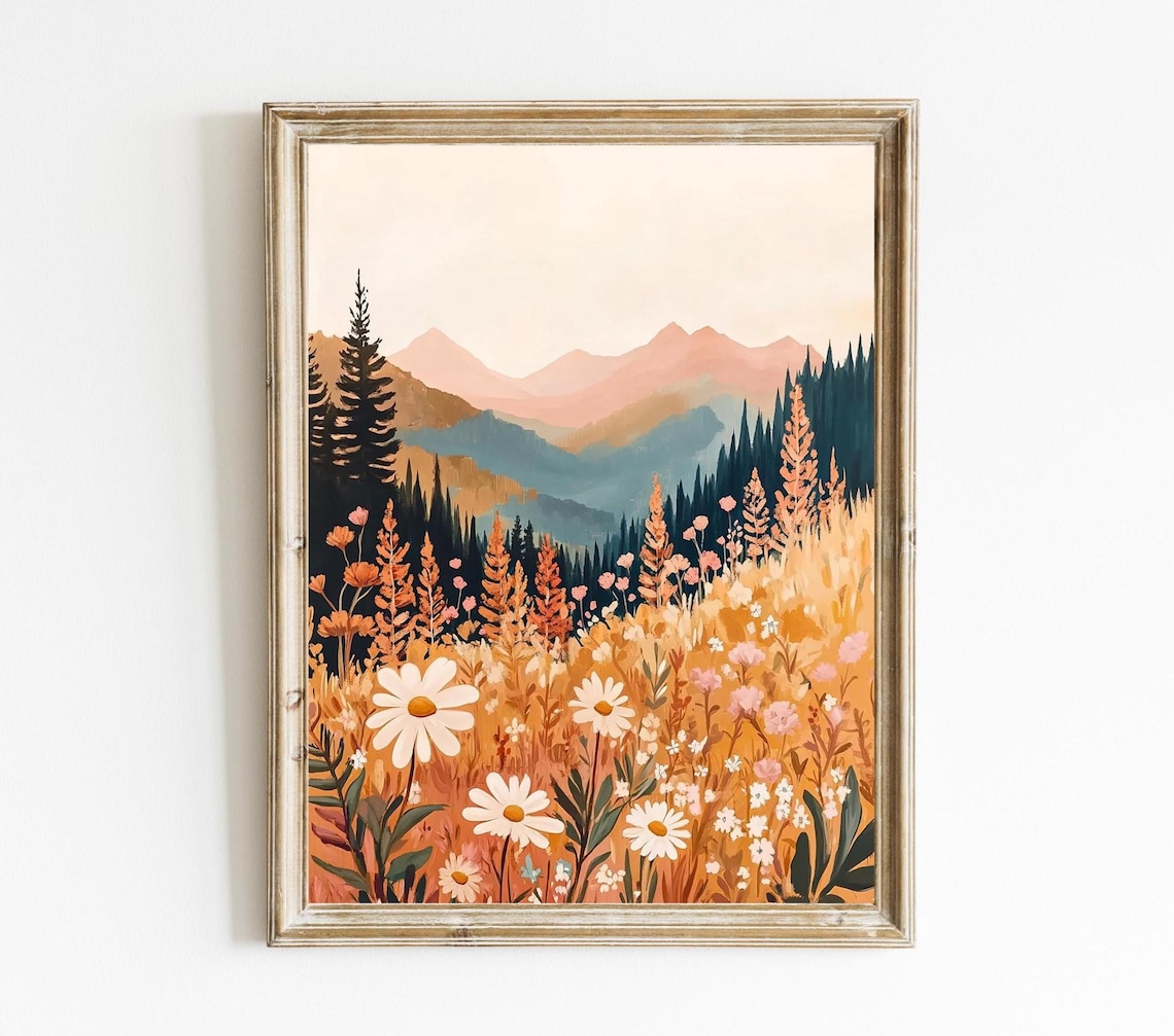 Sunset Daisies Wildflower Landscape Wall Decor Poster Sunset Mountain ...