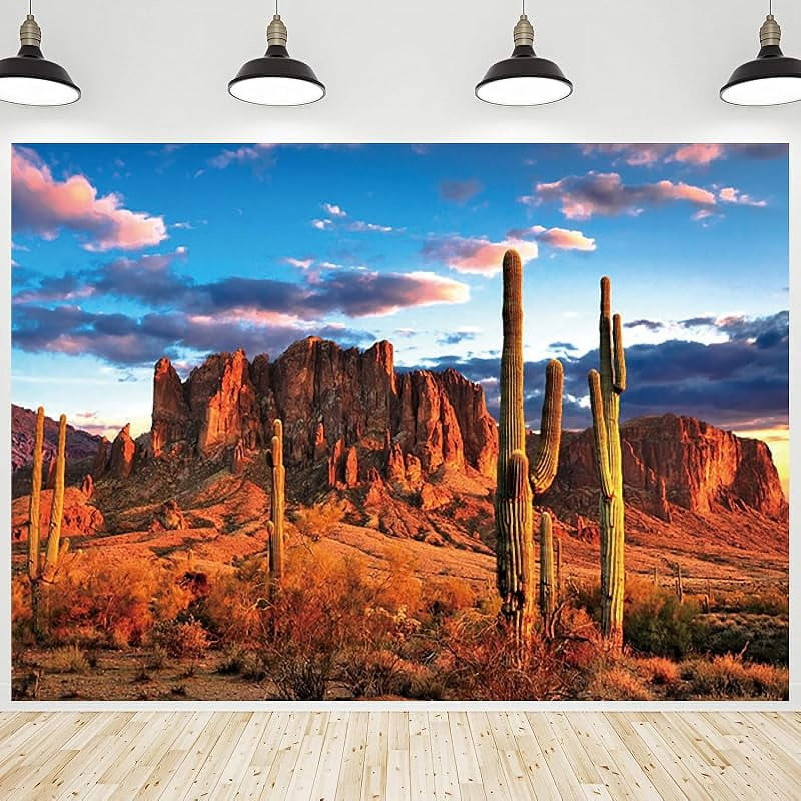 Sunset Desert Backdrop Sparse Shrub Cactus Mountain Landscape ...