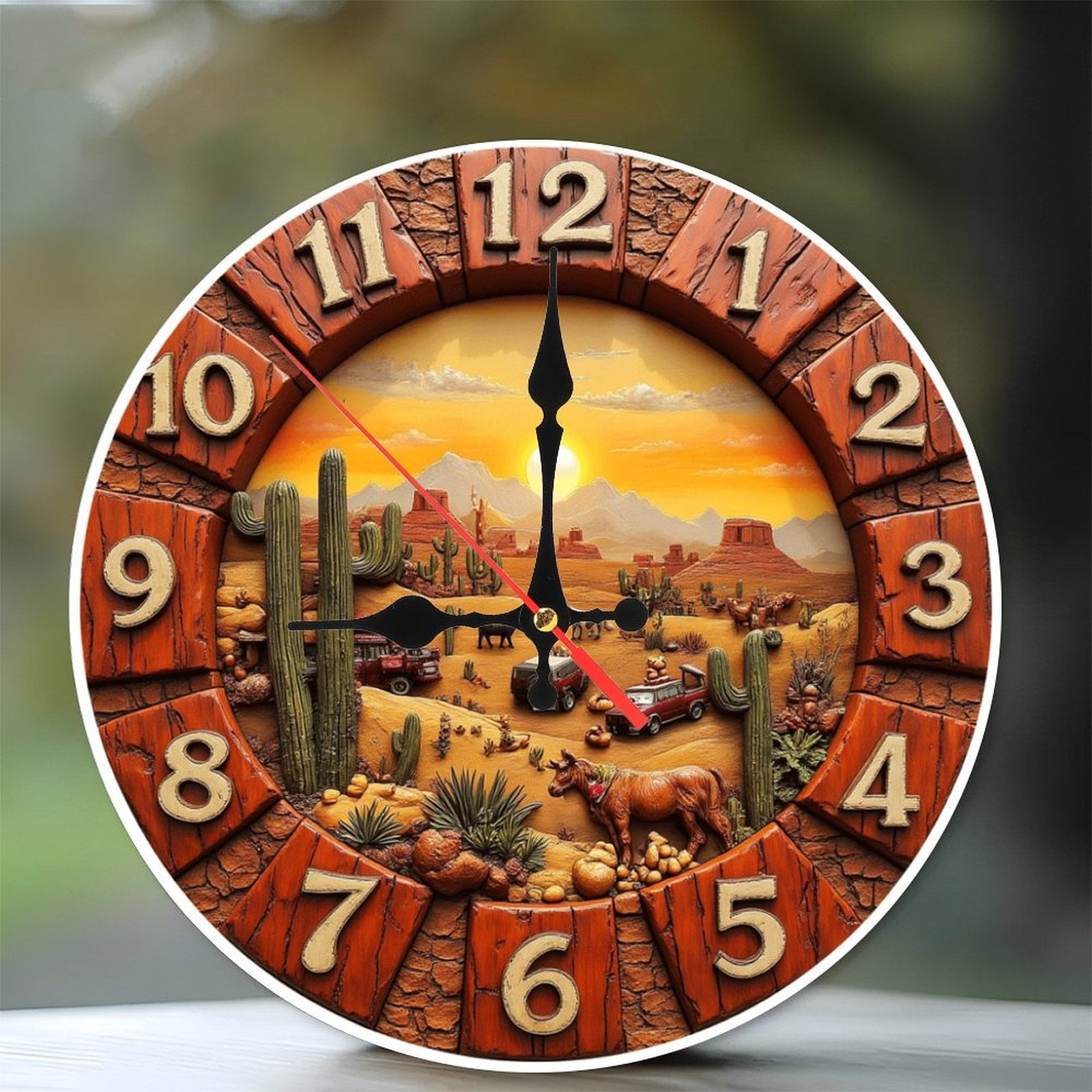 Sunset Desert Landscape Wall Clock with Cactus And Vehicles 10-Inch ...