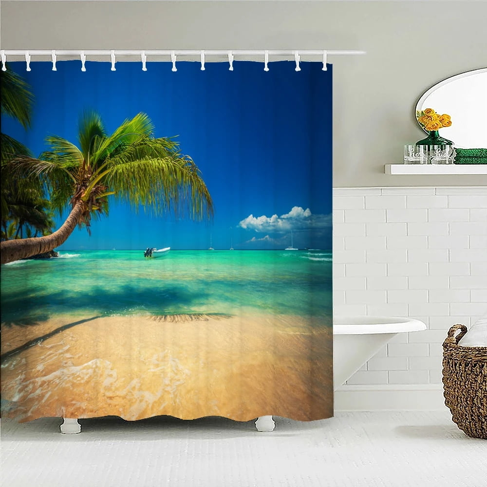 Sunset Dusk Beach Palm Tree Seaside Scenery Fabric Shower Curtain ...