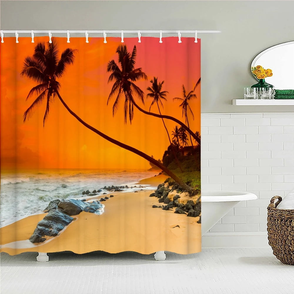 Sunset Dusk Beach Palm Tree Seaside Scenery Fabric Shower Curtain ...