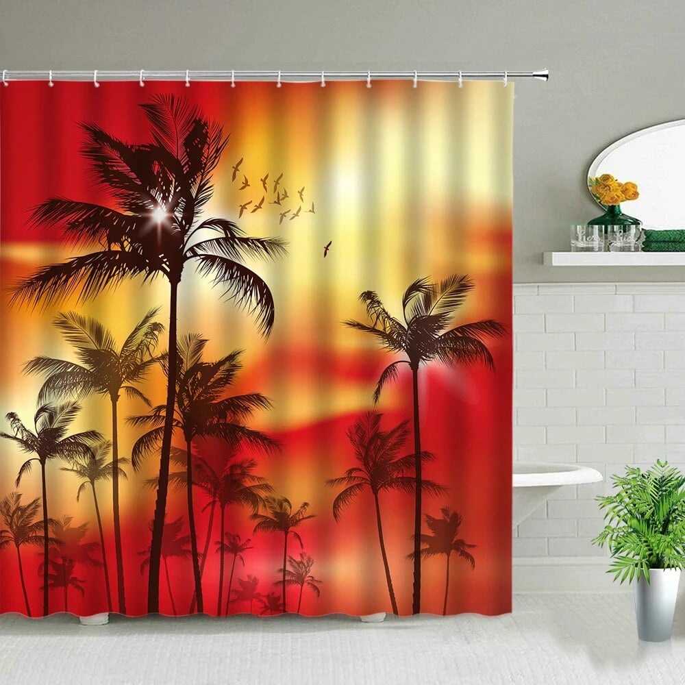 Sunset Dusk Sunlight Beach Shower Curtain Set Ocean Landscape Green ...