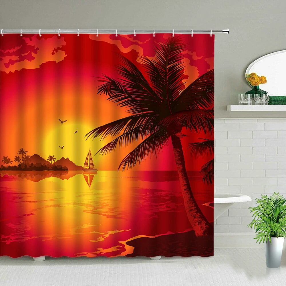 Sunset Dusk Sunlight Beach Shower Curtain Set Ocean Landscape Green ...