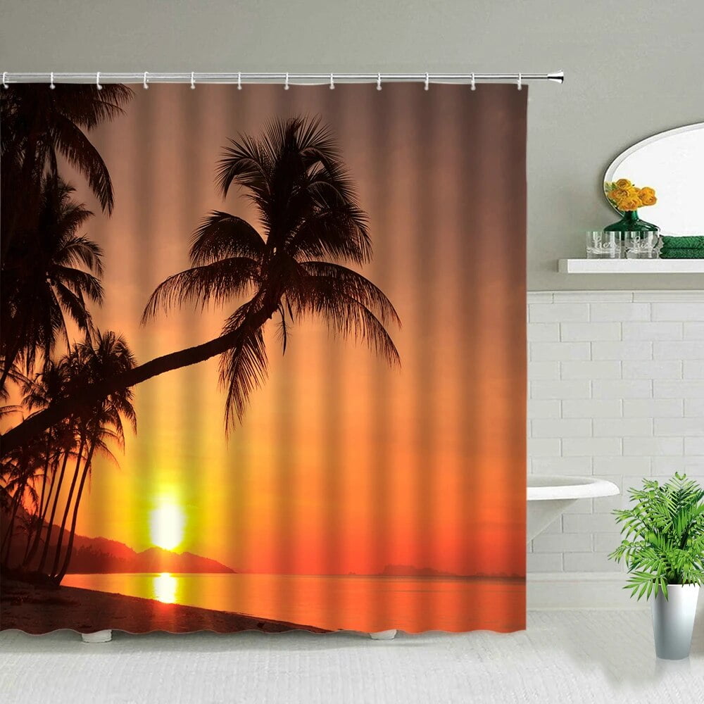Sunset Dusk Sunlight Beach Shower Curtain Set Ocean Landscape Green ...