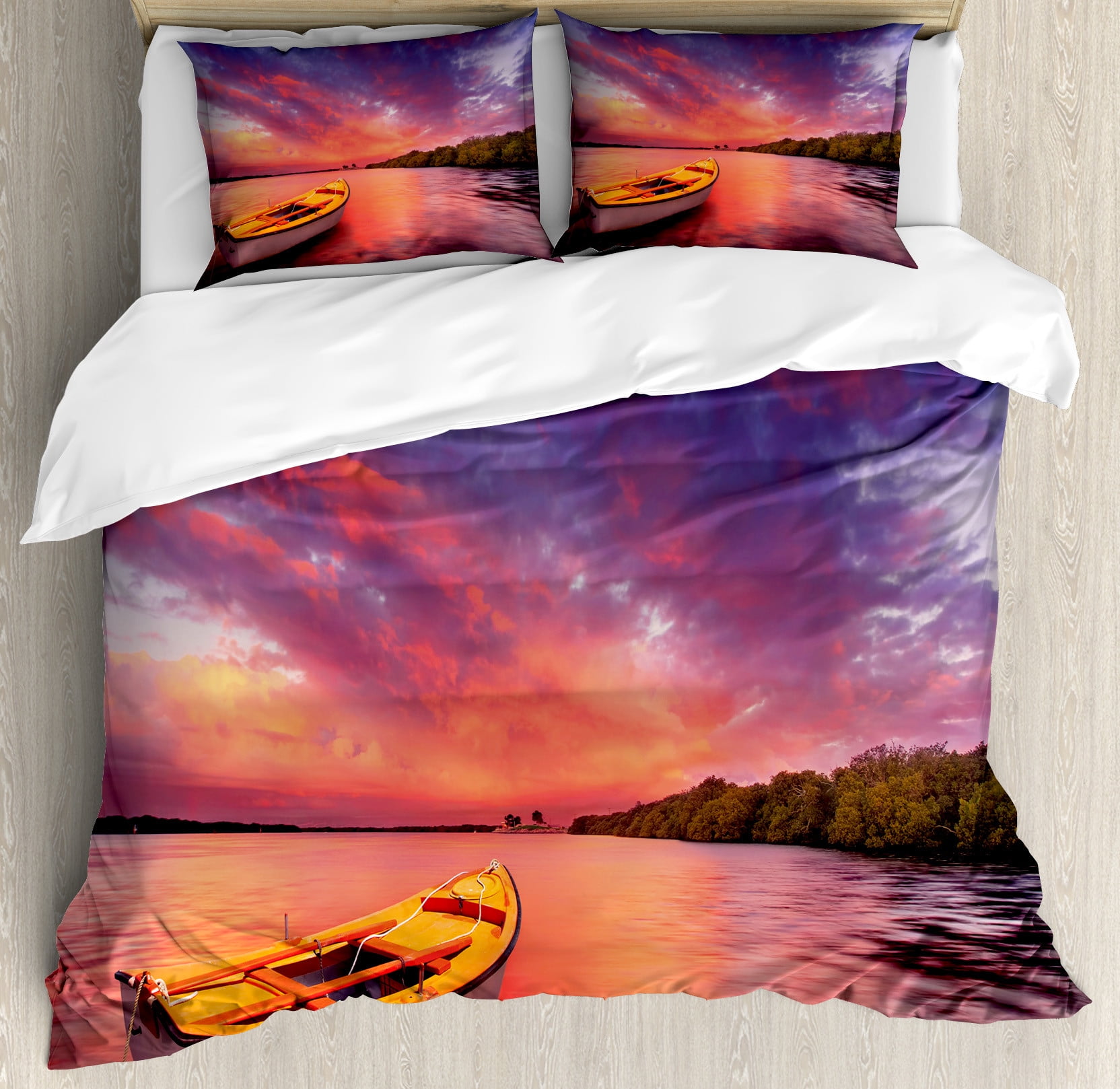 Sunset Duvet Cover Set, Enchanted Coast with a Rowboat Under Sky ...