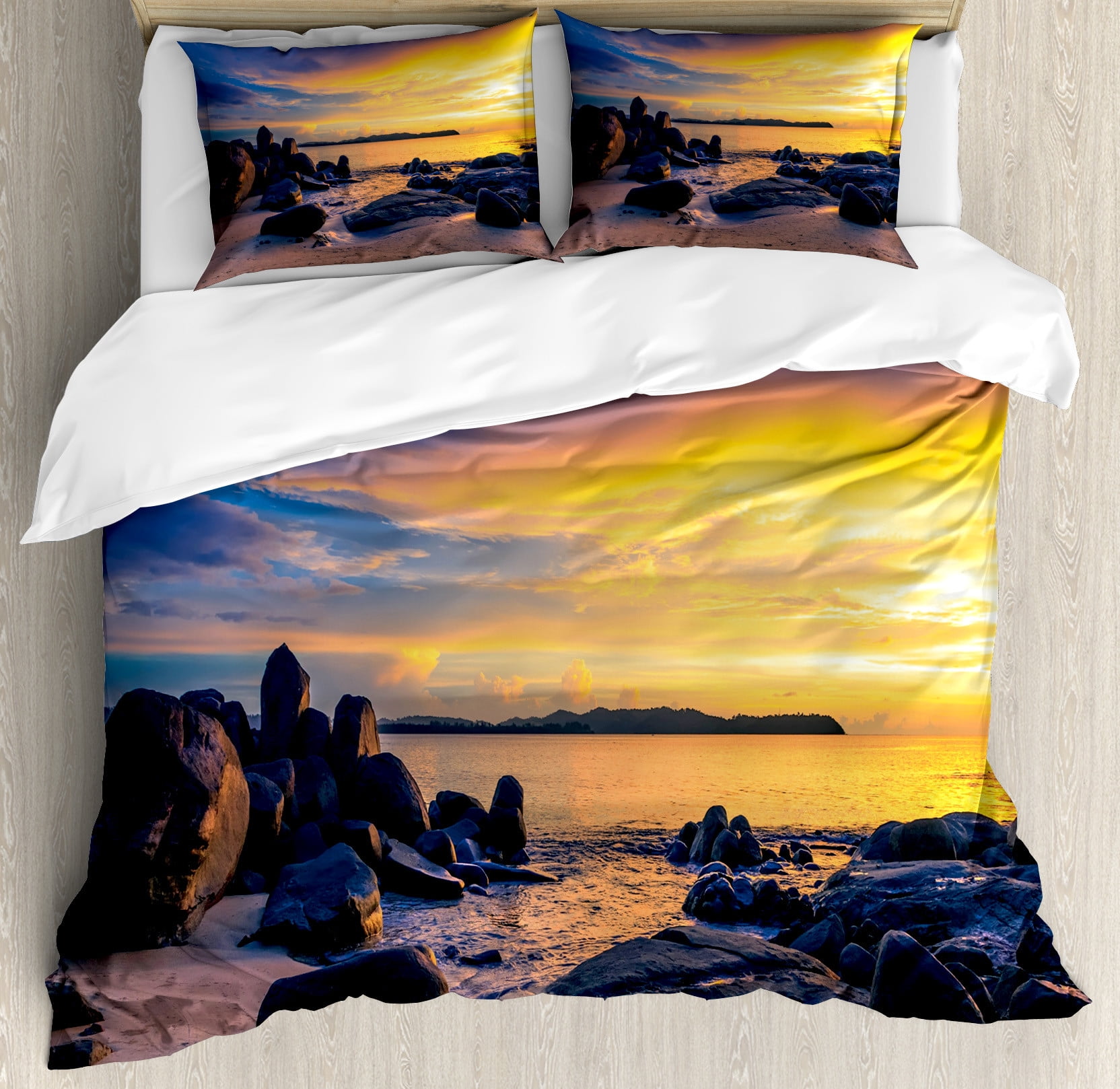 Sunset Duvet Cover Set, Horizon Sky at the Beach with Rocks Surreal ...