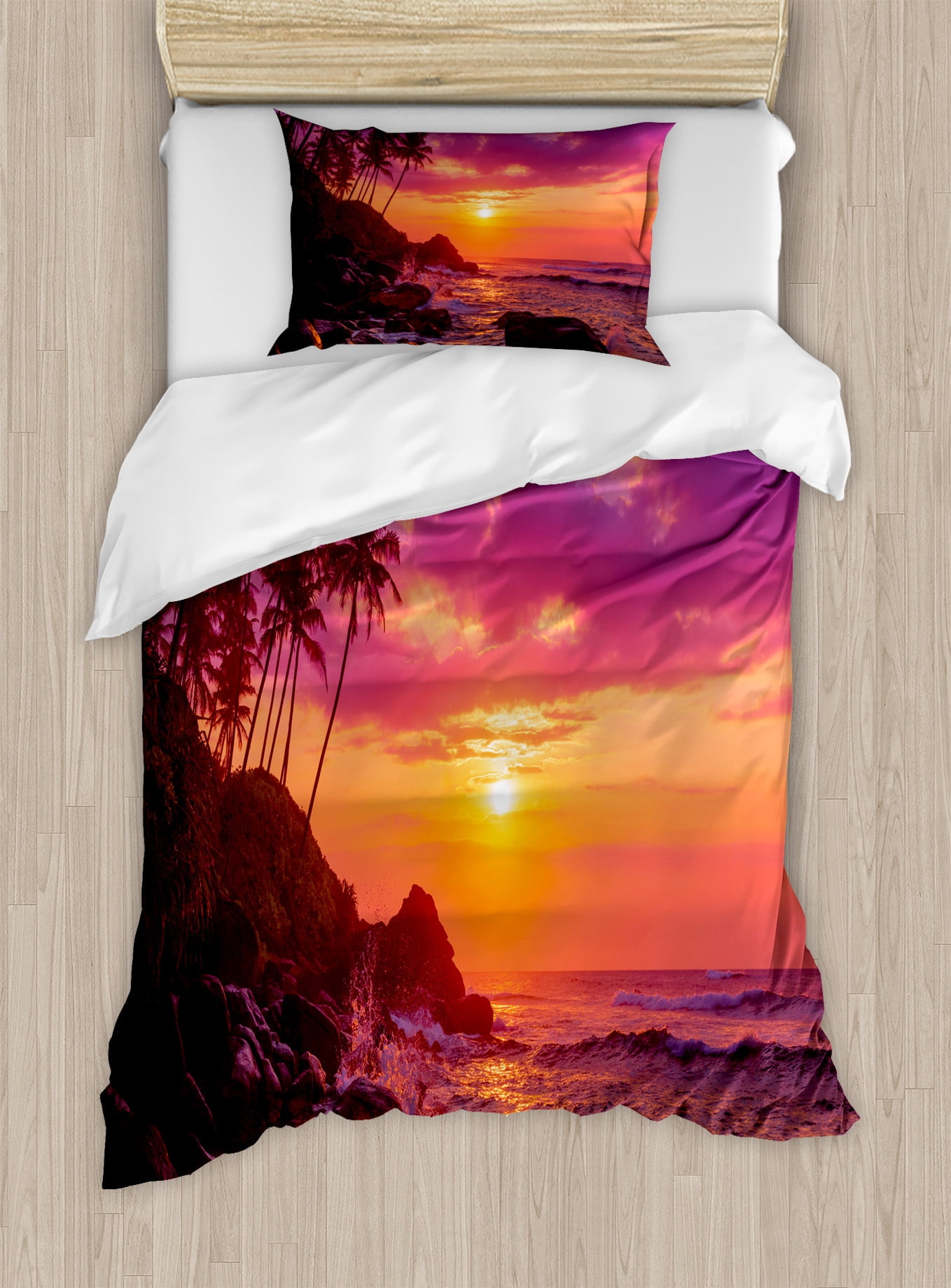 Sunset Duvet Cover Set, Tropical Beach Gradient Coconut Palm Trees ...