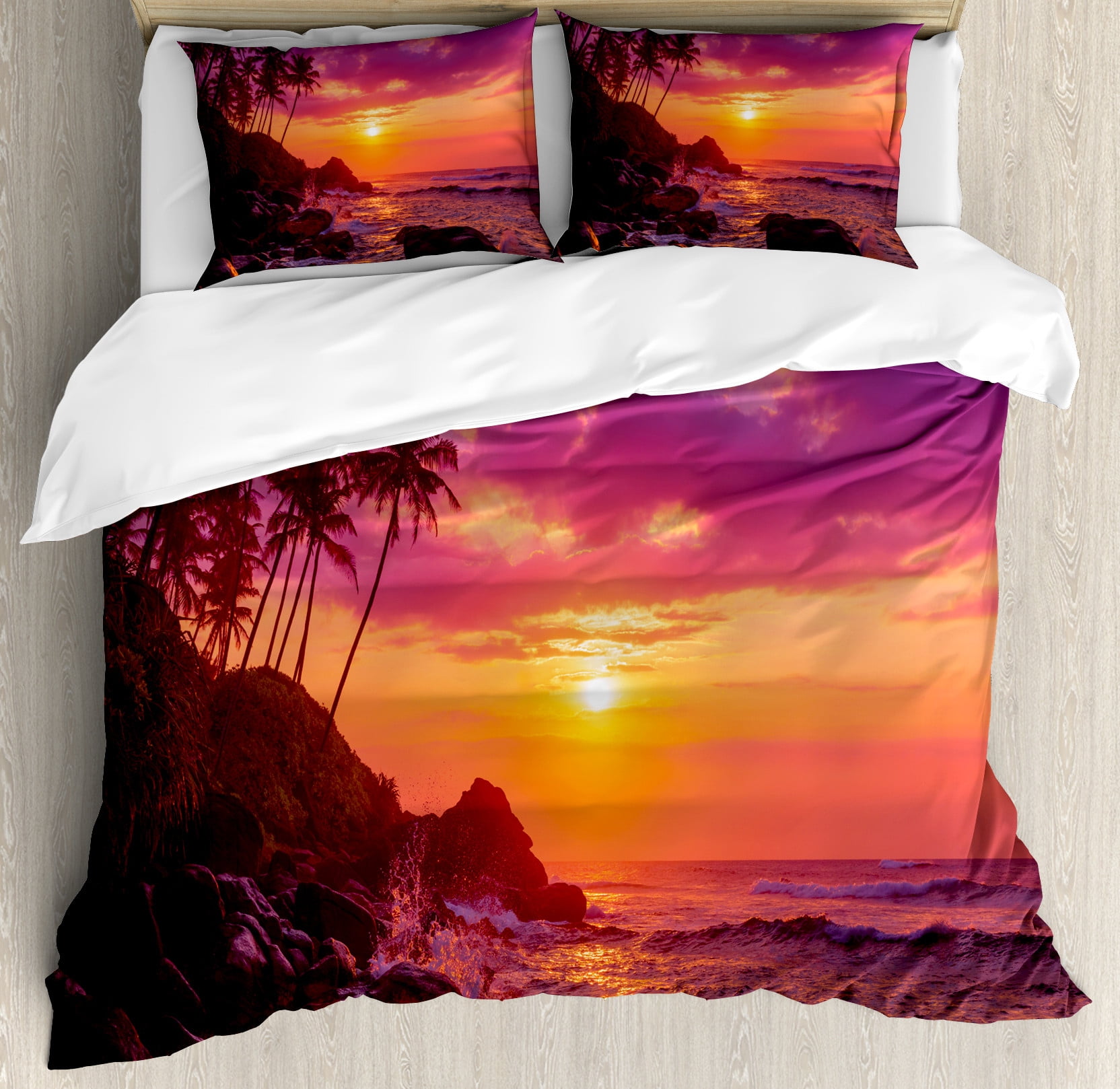 Sunset Duvet Cover Set, Tropical Beach Gradient Coconut Palm Trees ...