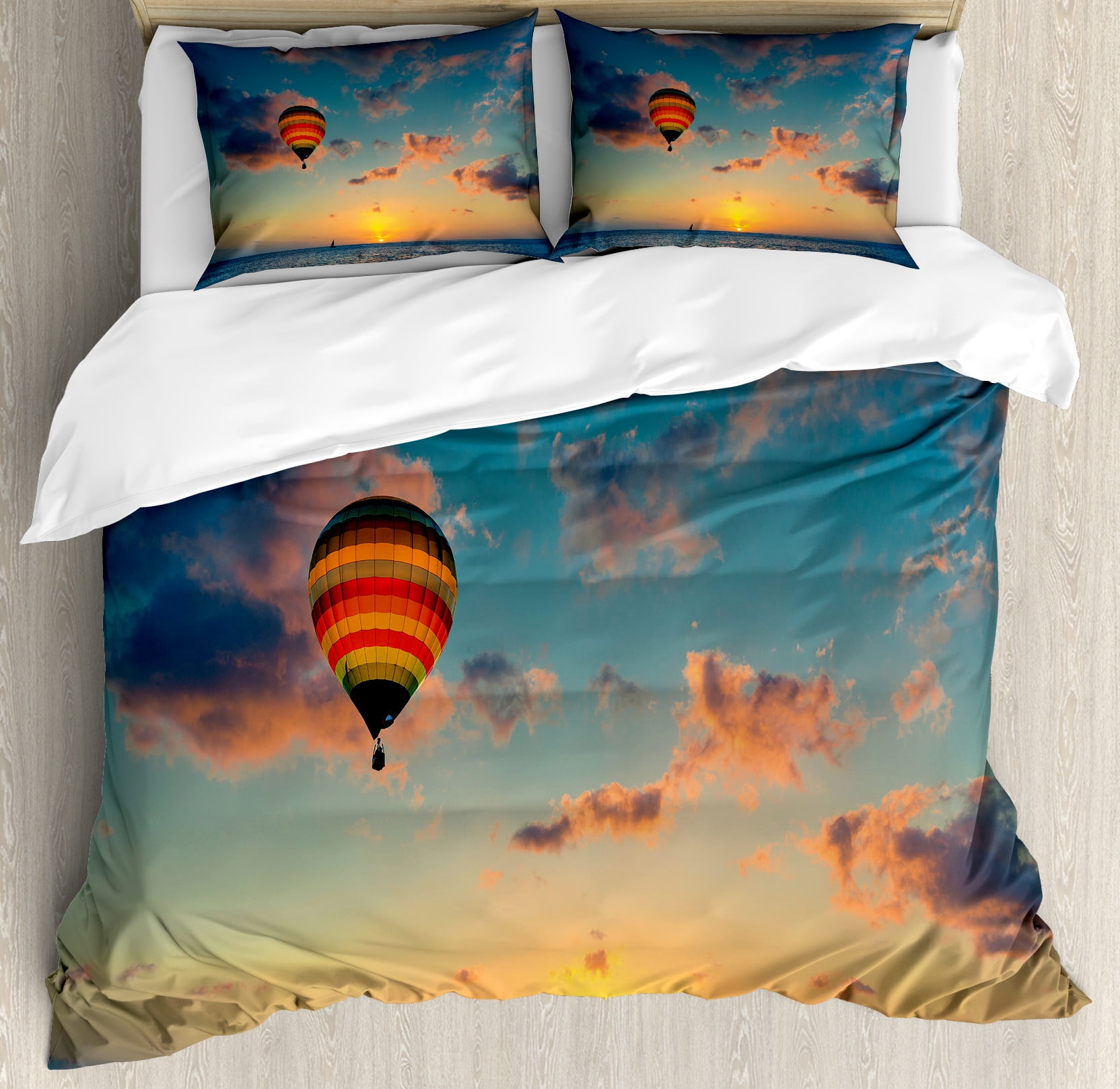 Sunset Duvet Cover Sets, Hot Air Balloon on Skyline Horizon at Sea ...