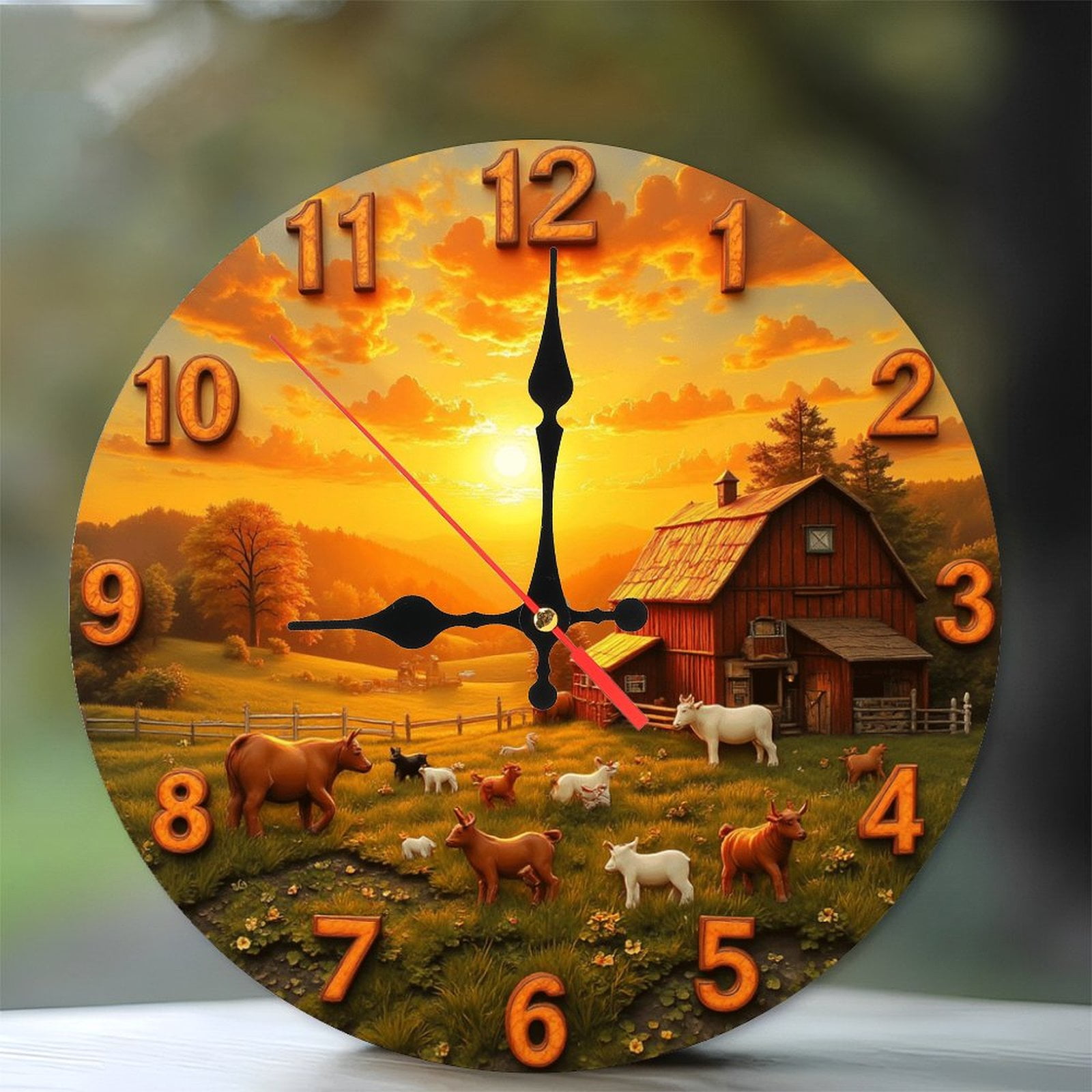 Sunset Farm Animals Wall Clock Rustic Barn Decor 10-Inch Silent Wooden ...
