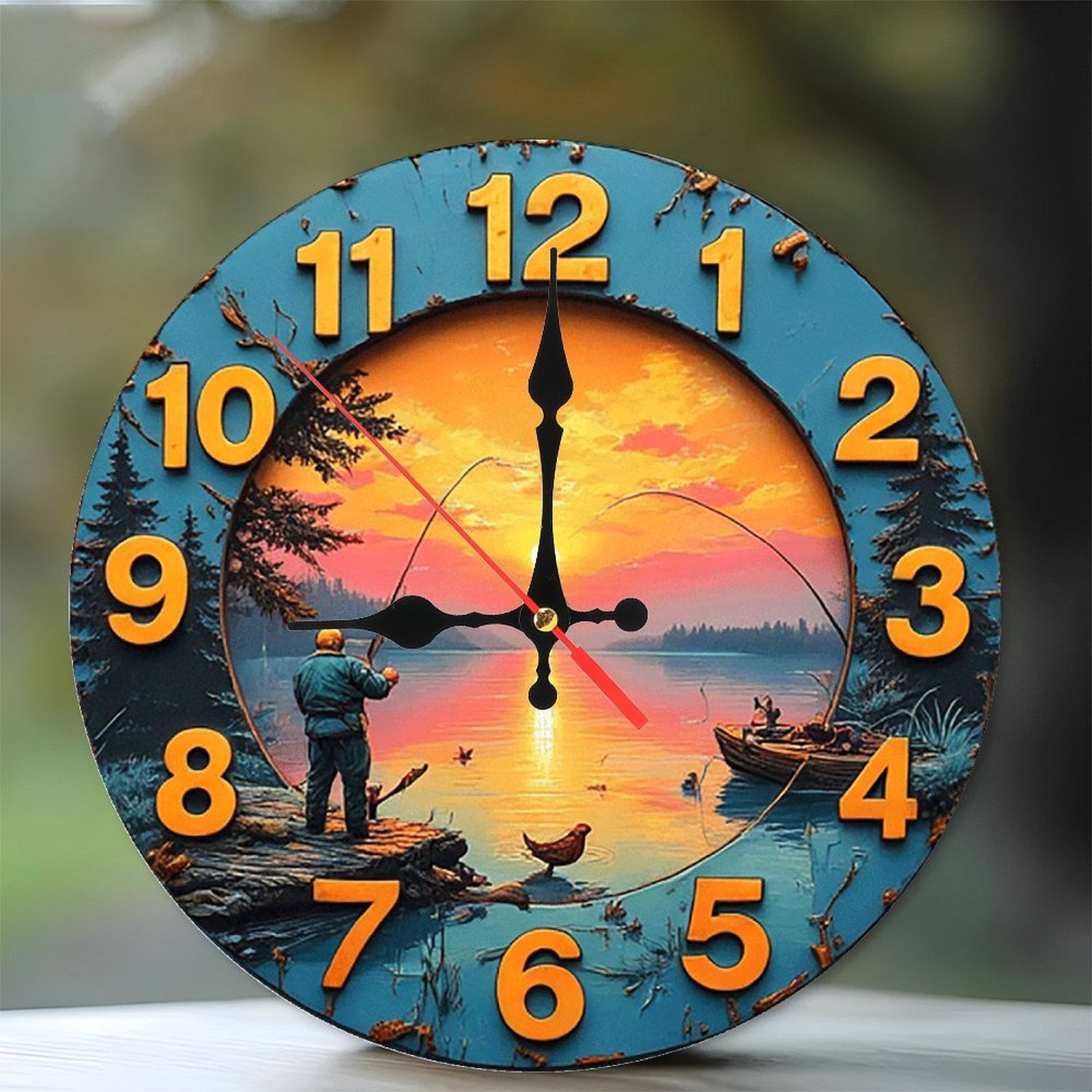 Sunset Fishing Lake Wall Clock 10-Inch Silent Wooden Wall Clock ...