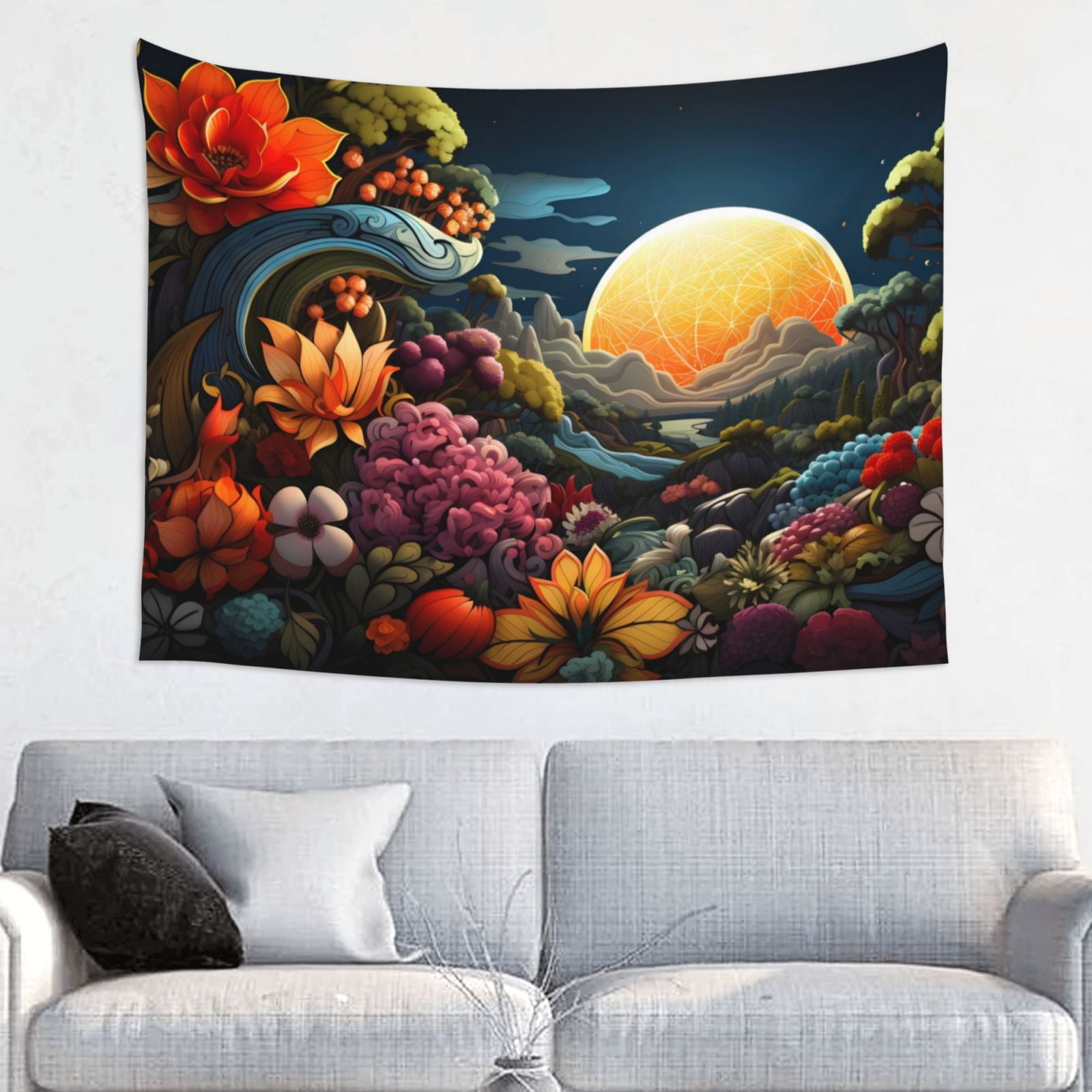 Sunset Floral Fantasy Landscape Wall Tapestry for Bedroom Aesthetic ...