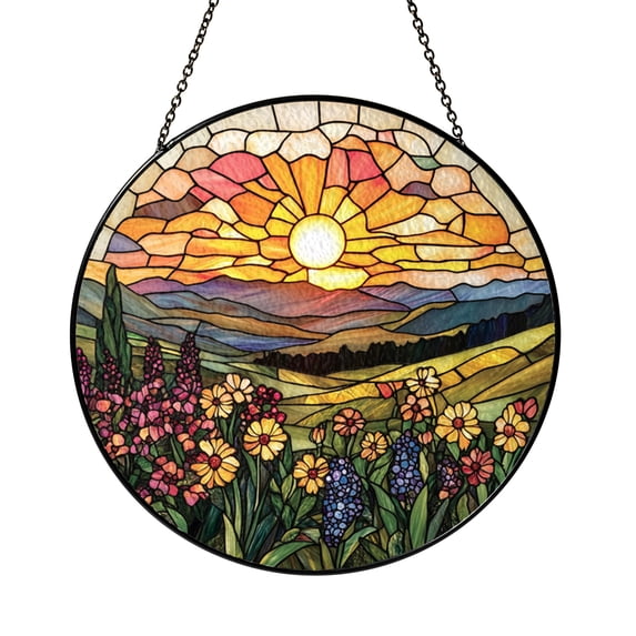 Sunset Floral Landscape Faux Stained Glass Window Cling, Glossy Double ...